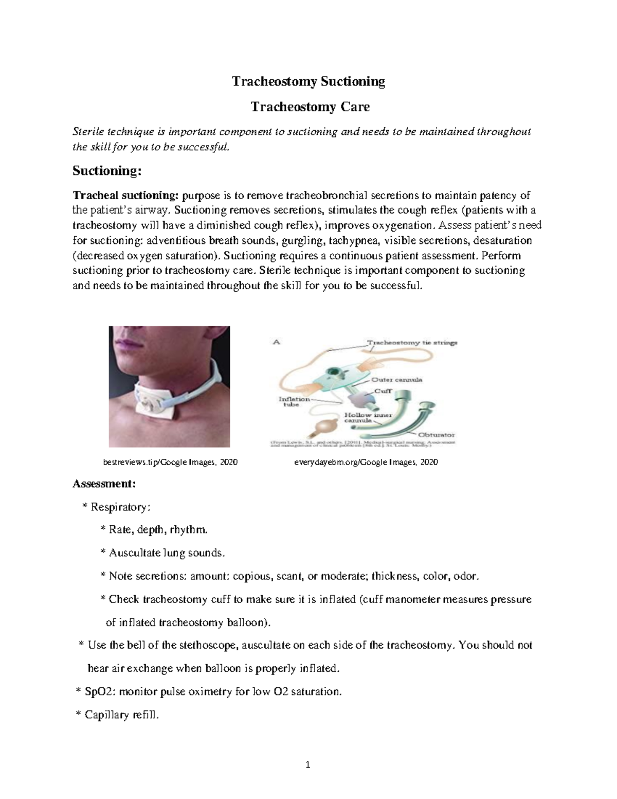 Document-NUR 226 Tracheostomy Suctioning and care handout - Tracheostomy Suctioning Tracheostomy ...