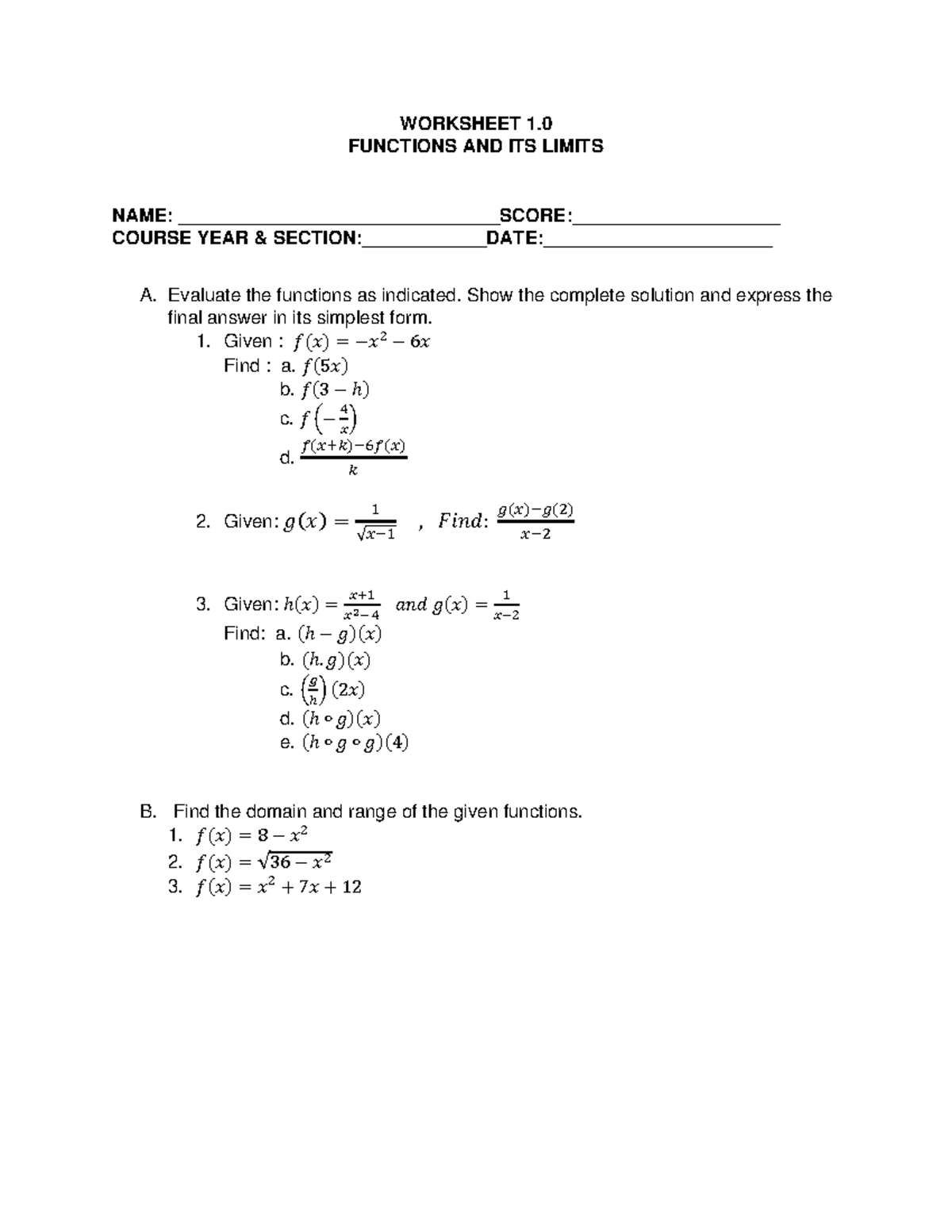 COE-102- Worksheet-1- Functions-AND- Limits - WORKSHEET 1. FUNCTIONS AND ITS LIMITS NAME: - Studocu