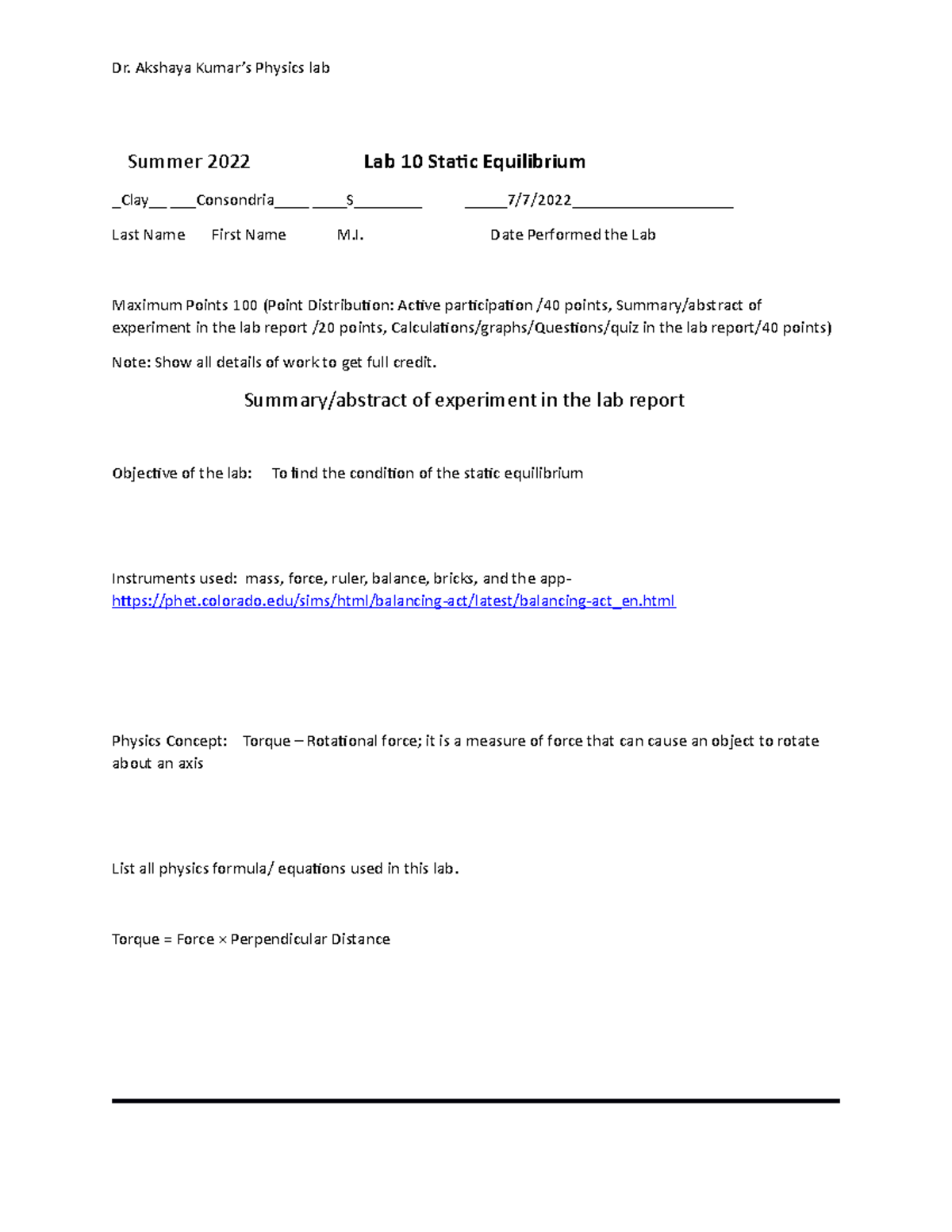 PHYS LAB10 Static Equilibrium - Dr. Akshaya Kumar’s Physics lab Summer ...