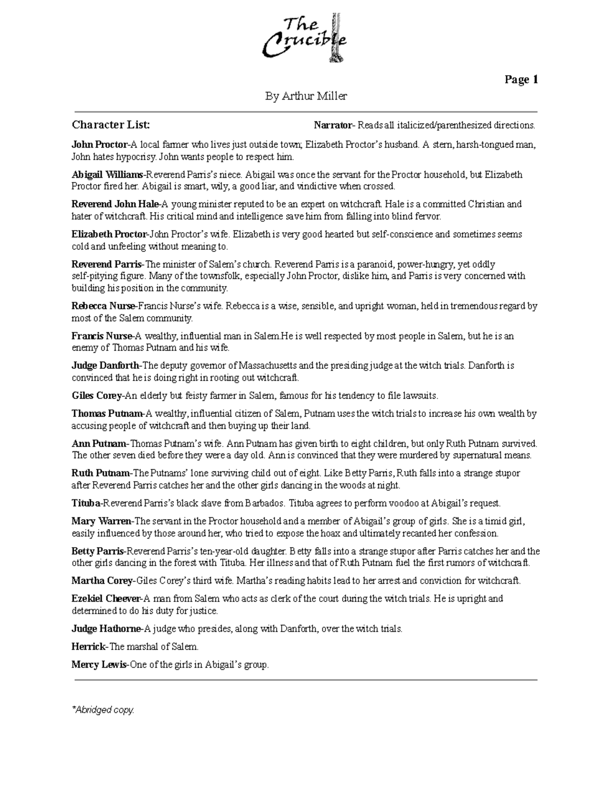 Act One-The Crucible- Arthur Miller - By Arthur Miller Character List ...