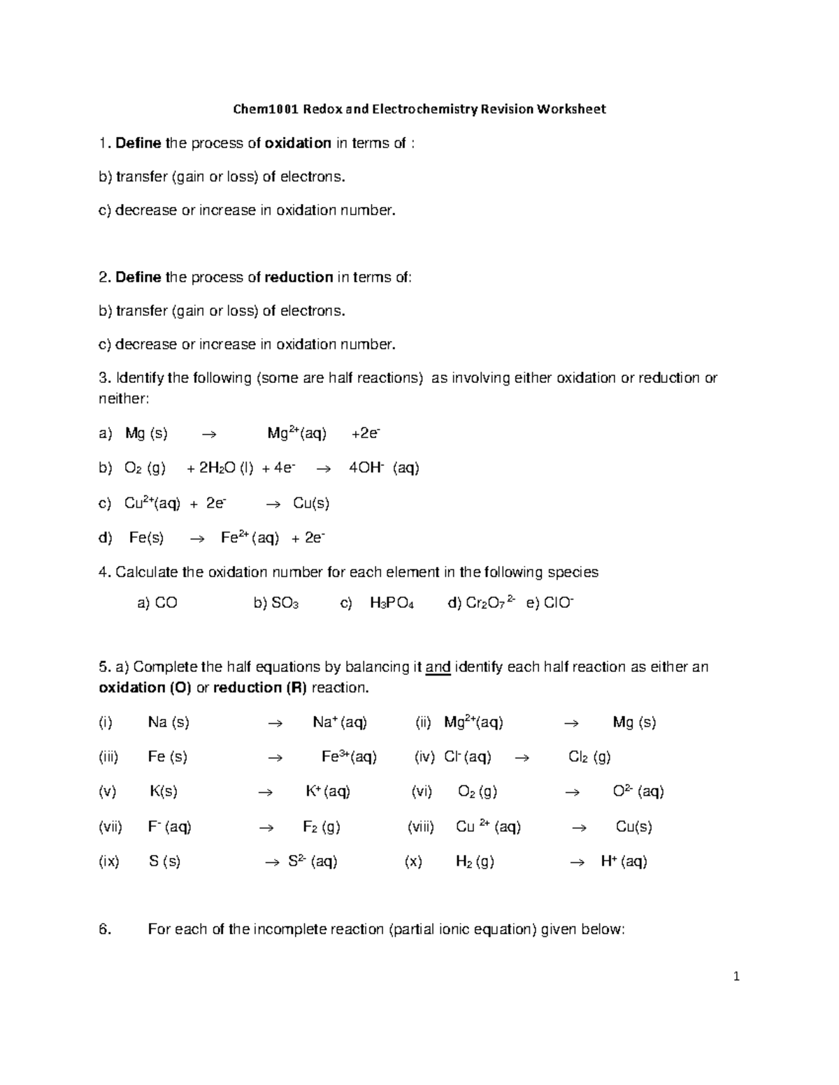Redox revision worksheet - Chem1001 Redox and Electrochemistry Revision ...