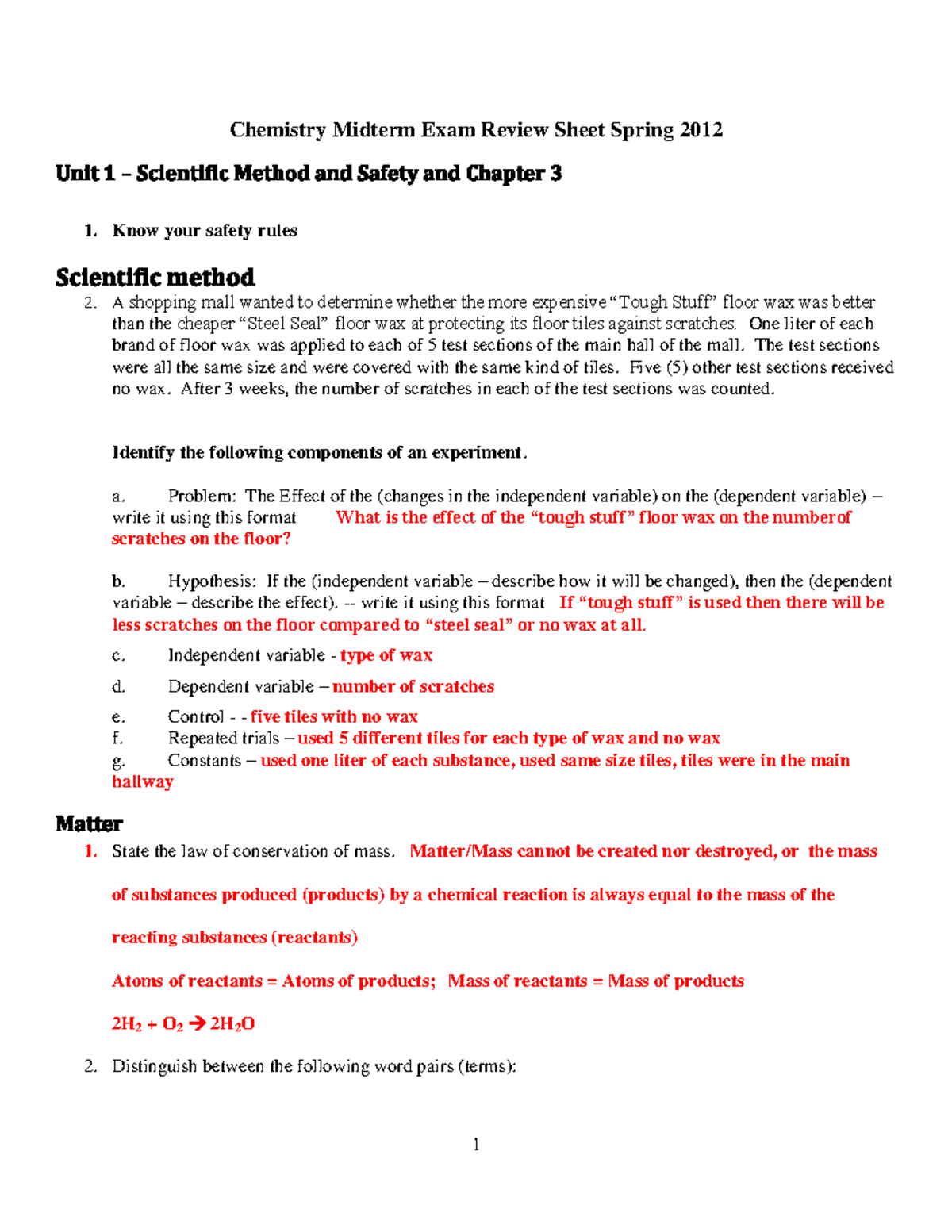Chem Midterm Review spring 2012 rev 1 answers - Chemistry Midterm Exam ...