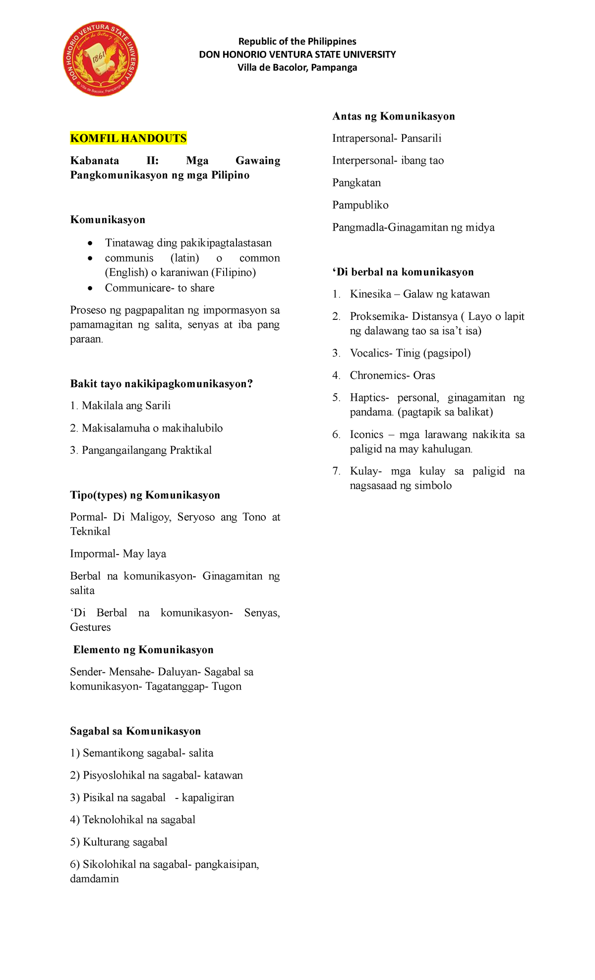 Komfil Handouts Kabanata 2 - Republic of the Philippines DON HONORIO ...