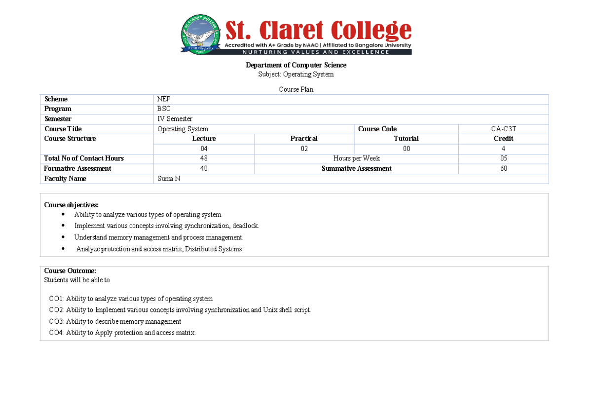 OS course Plan - nil - Department of Computer Science Subject ...