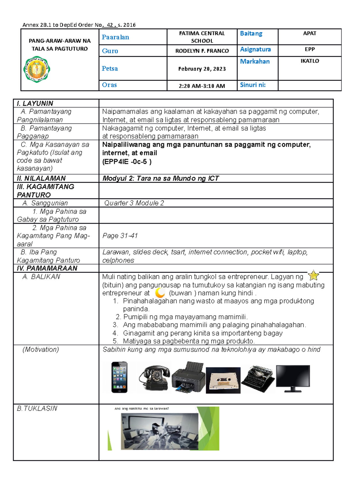 DLP in EPP ICT 2nd CO 2023 - Annex 2B to DepEd Order No. 42 , s. 2016 PANG-ARAW-ARAW NA TALA SA ...