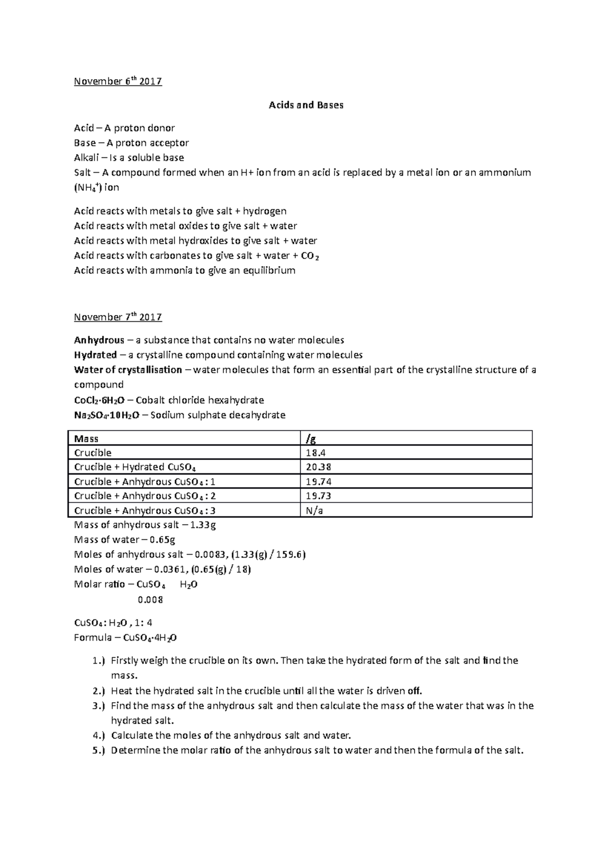 Chemistry class notes - covers ions and all - November 6 th 2017 Acids ...
