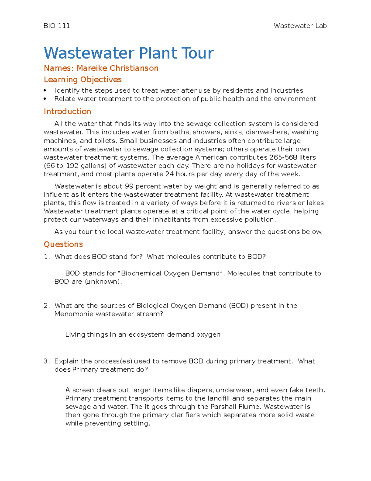 Wastewater Plant Worksheet F22 - BIO 111 Wastewater Lab Wastewater ...