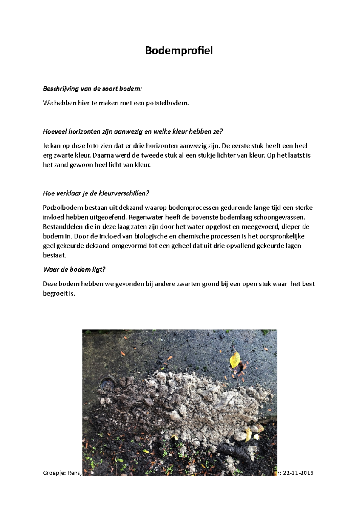 Bodemprofiel verslag - Bodemprofiel Beschrijving van de soort bodem: We ...