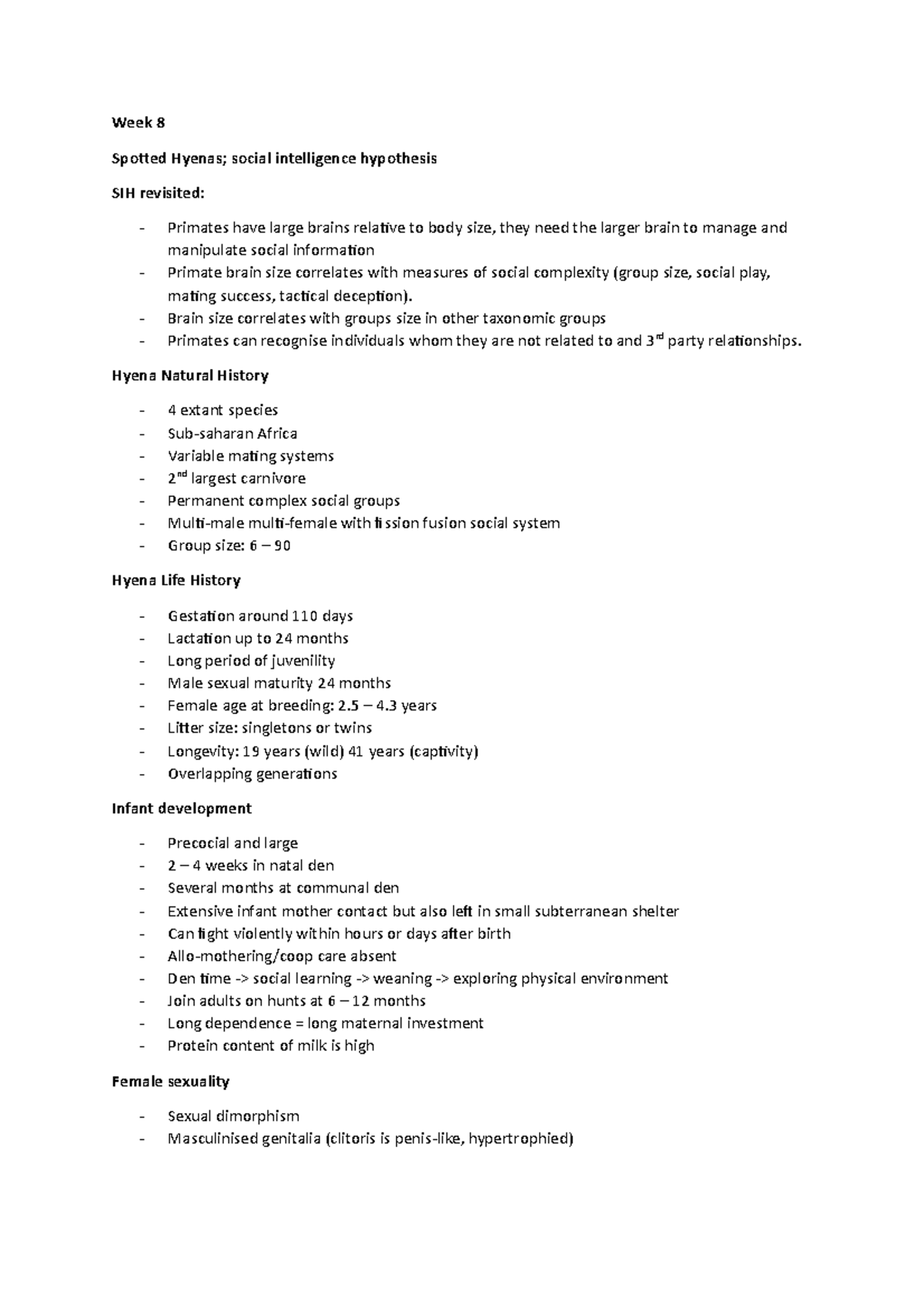 Cognition Module Week 8 - Week 8 Spotted Hyenas; social intelligence ...