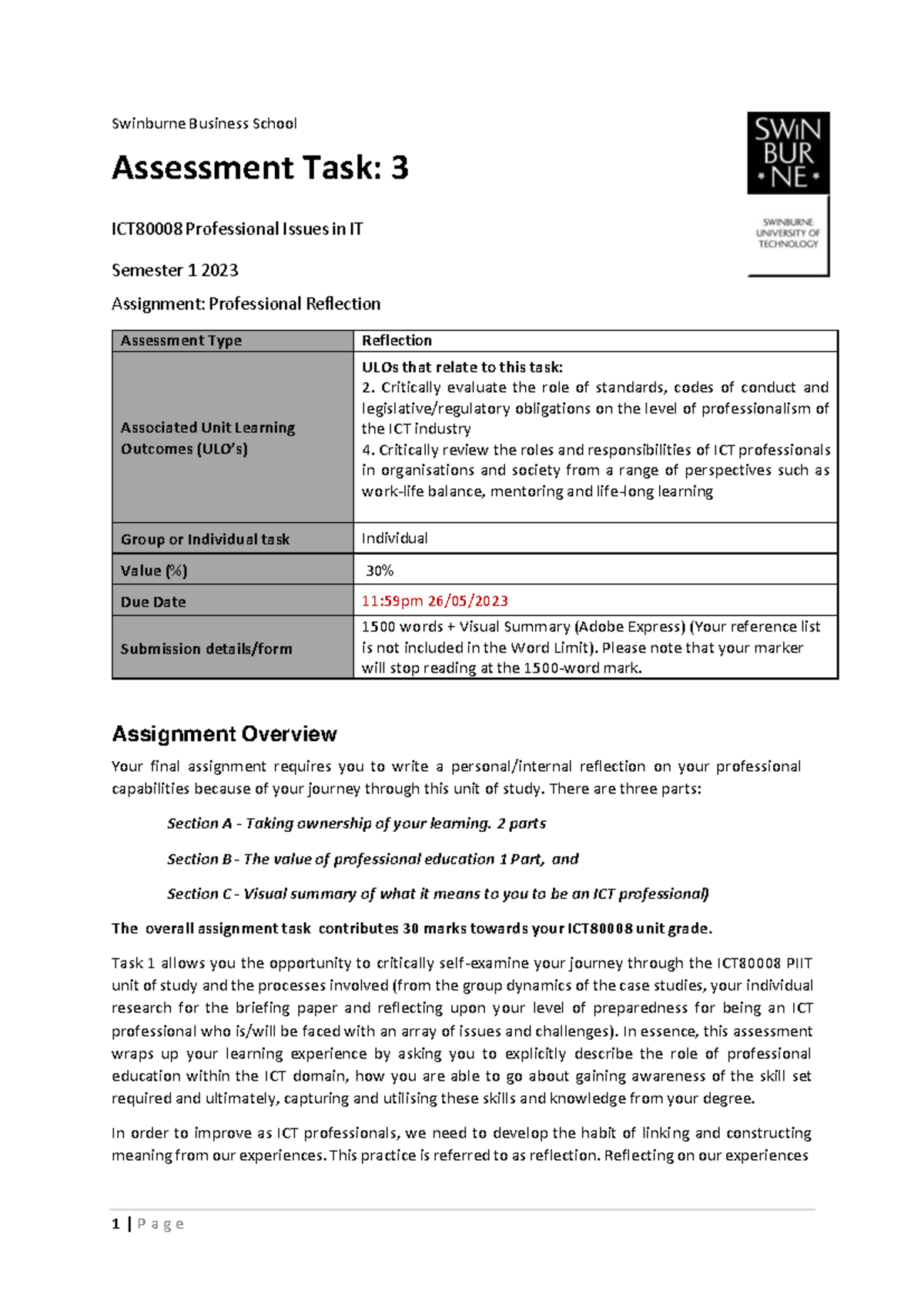 Assignment 3 Professional Reflection Guide - Swinburne Business School ...