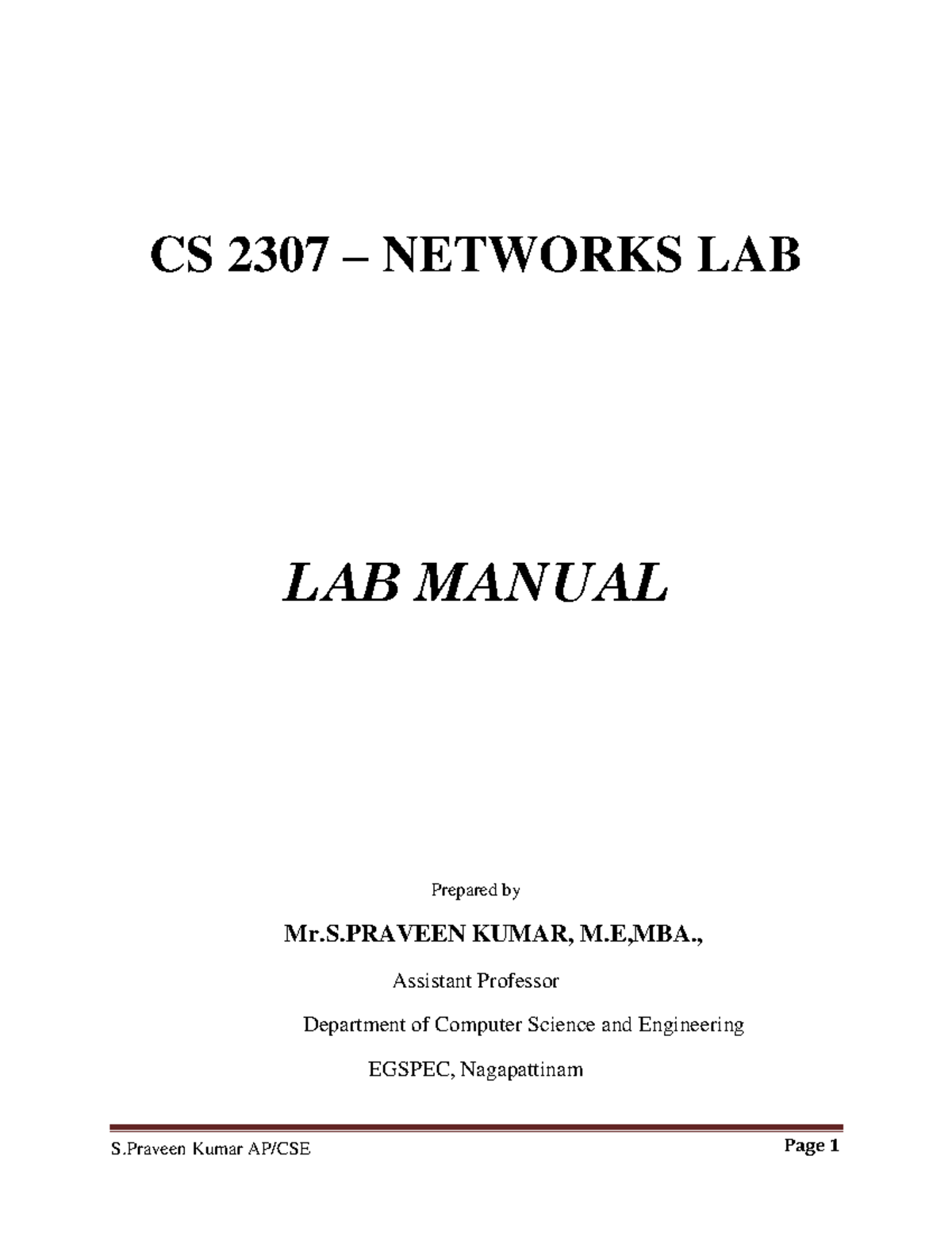 Cs2307 Networks Lab Manual Page 1 Cs 2307 Networks Lab Lab Manual Prepared By Mrs Kumar M