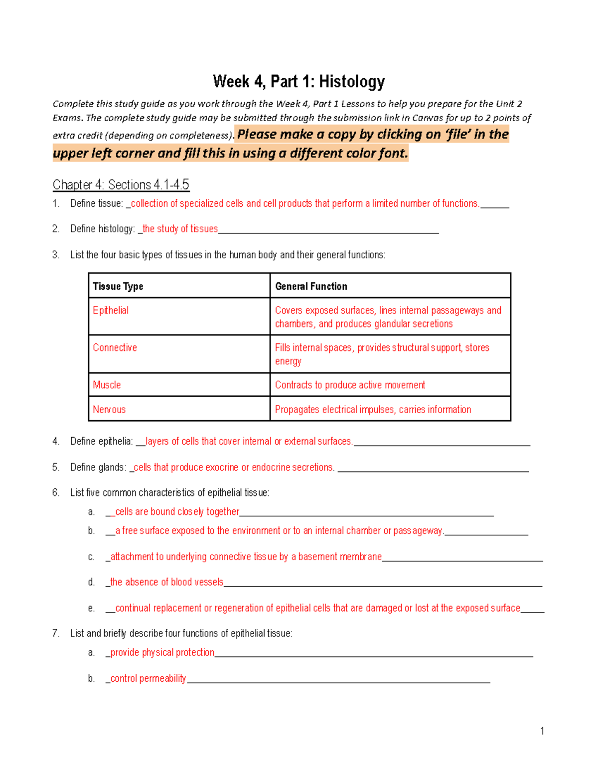 Copy of Copy of BIO 145 Week 4, Part 1 Histology Study Guide - Week 4 ...