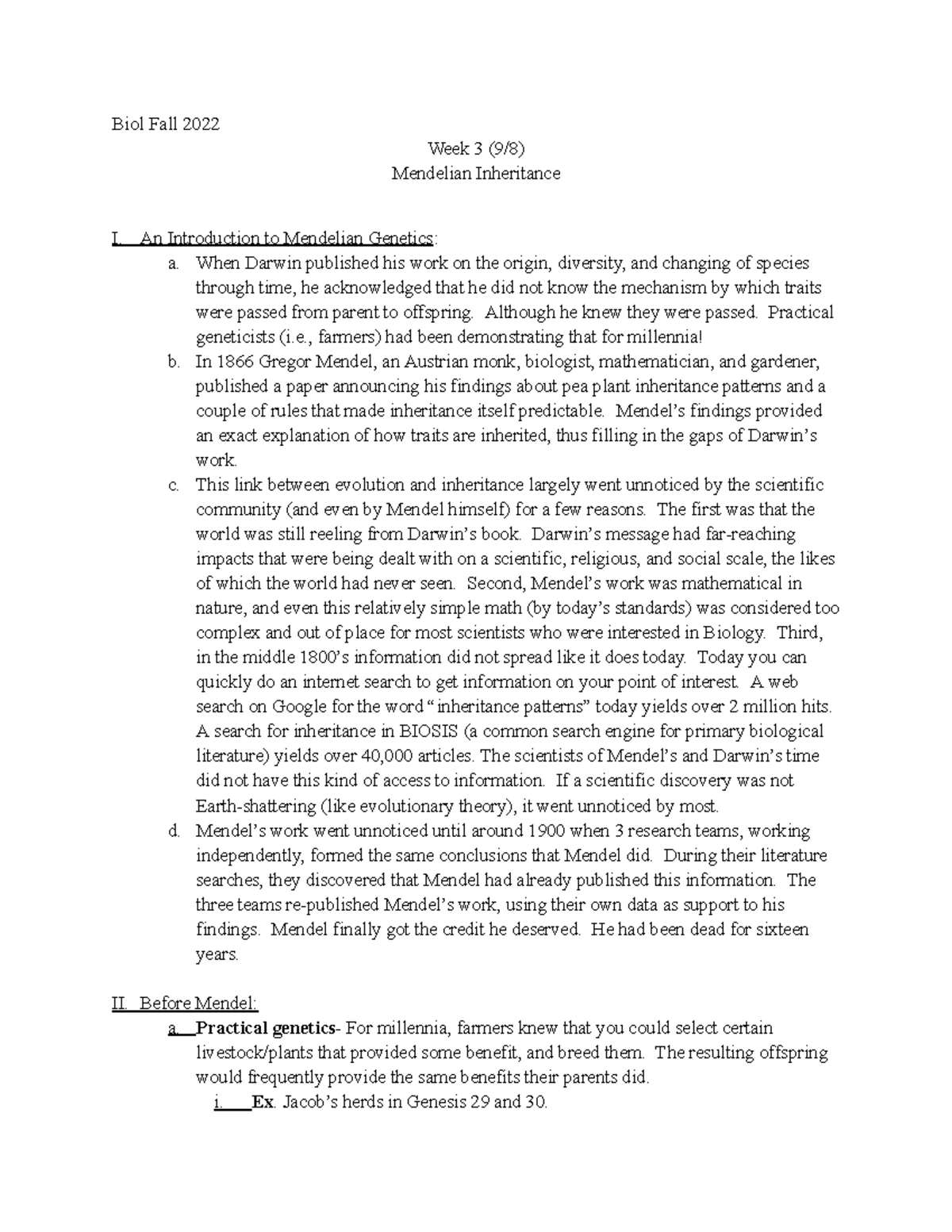 5-1 - Armstrong: Unit 1 - Biol Fall 2022 Week 3 (9/8) Mendelian ...