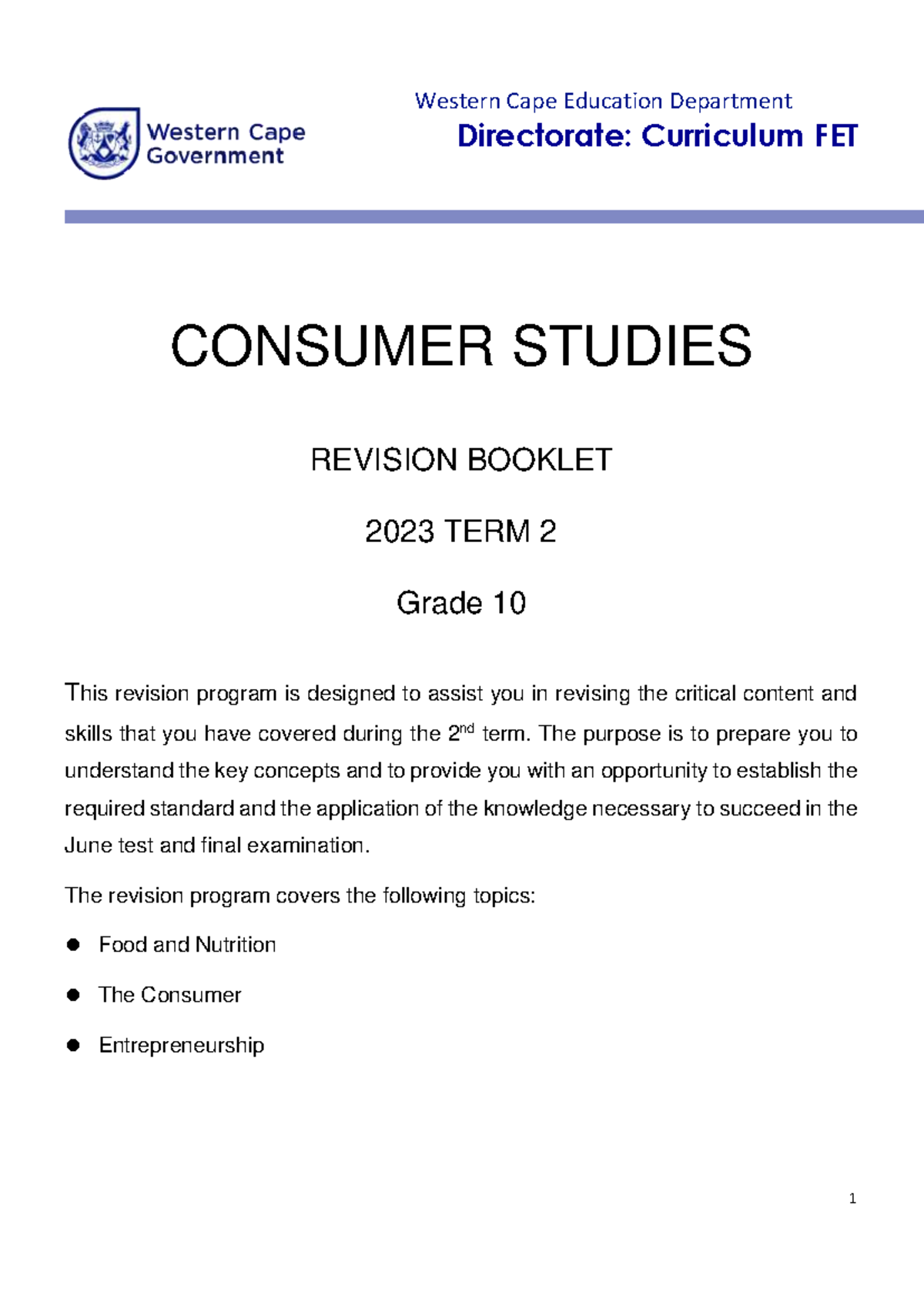 Consumer Studies Grade 10 Revision Material TERM 2 - Western Cape ...