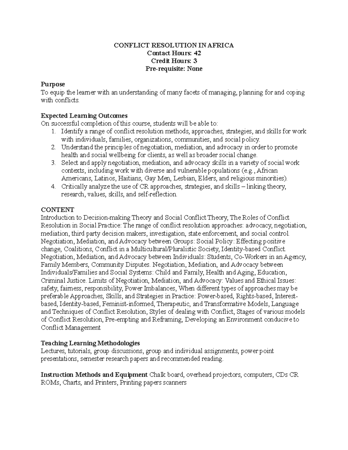 Conflict Resolution Outline - CONFLICT RESOLUTION IN AFRICA Contact ...