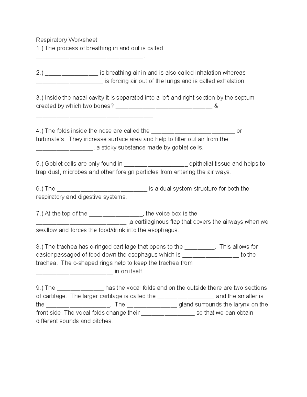 Respiratory Worksheet - ) The process of breathing in and out is called ...