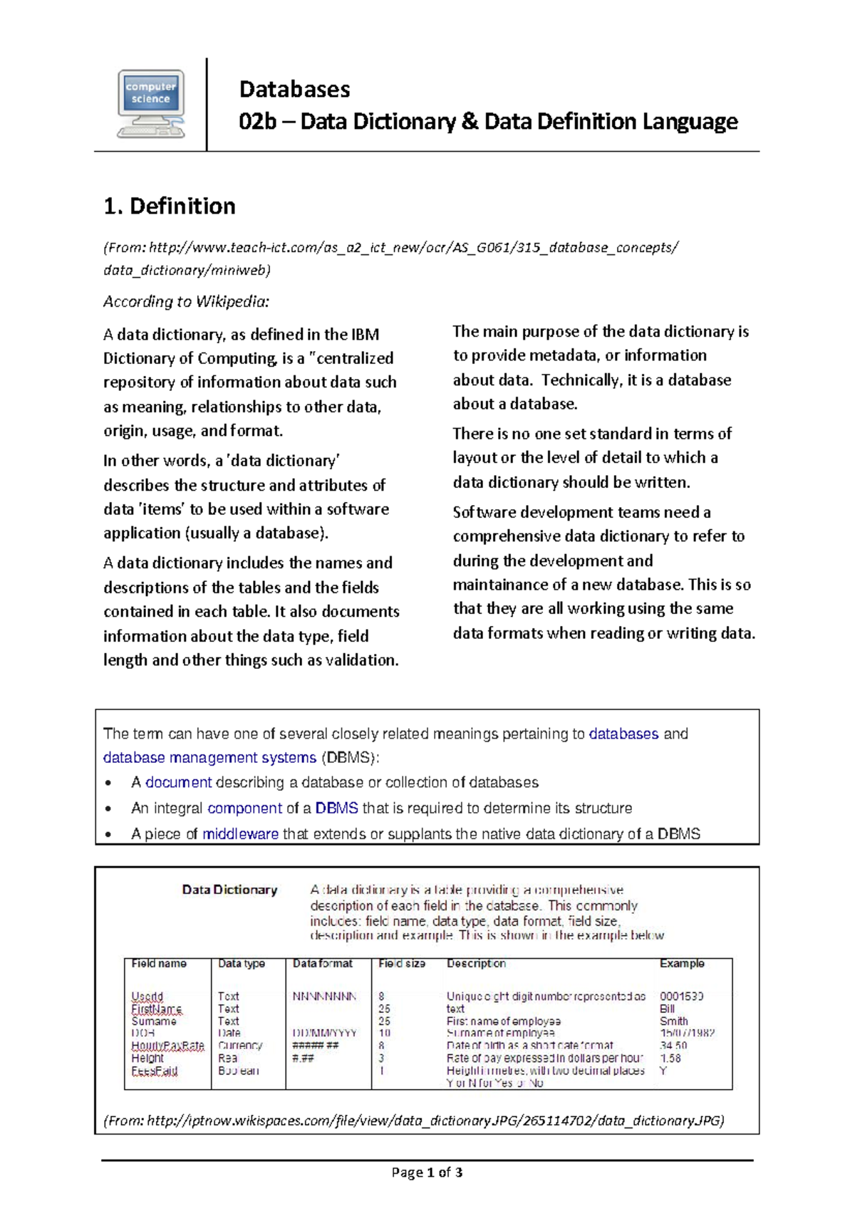-05- Databases 02b - Data Dictionary - Page 1 of 3 Databases 02b – Data Dictionary & Data - Studocu