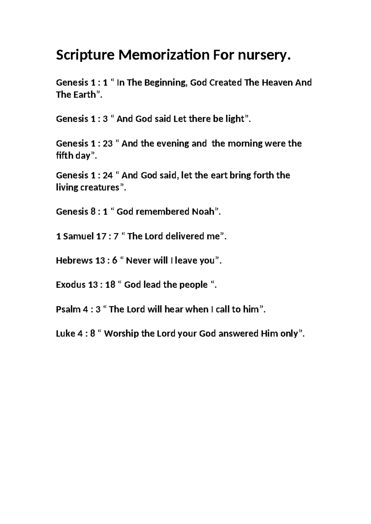 Scripture Memorization For nursery - Genesis 1 : 1 “ In The Beginning ...