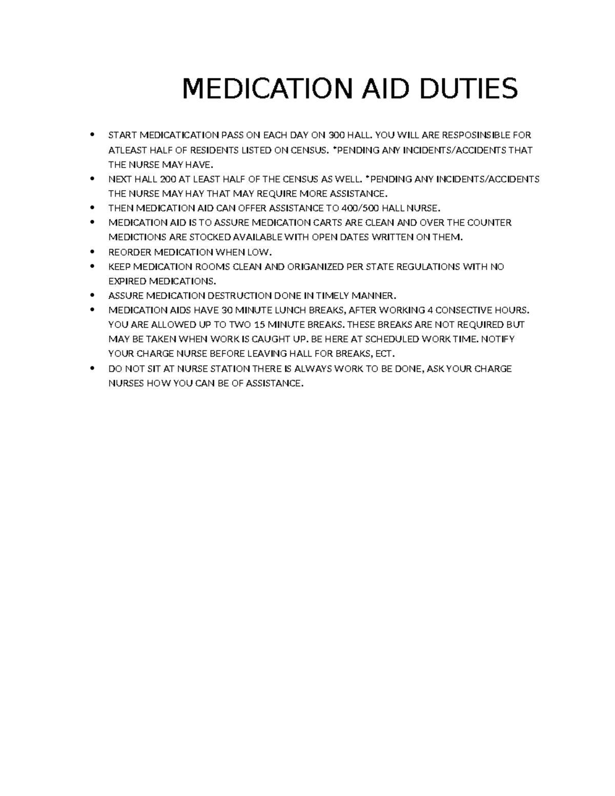 Medication AID Duties - blank - MEDICATION AID DUTIES START ...
