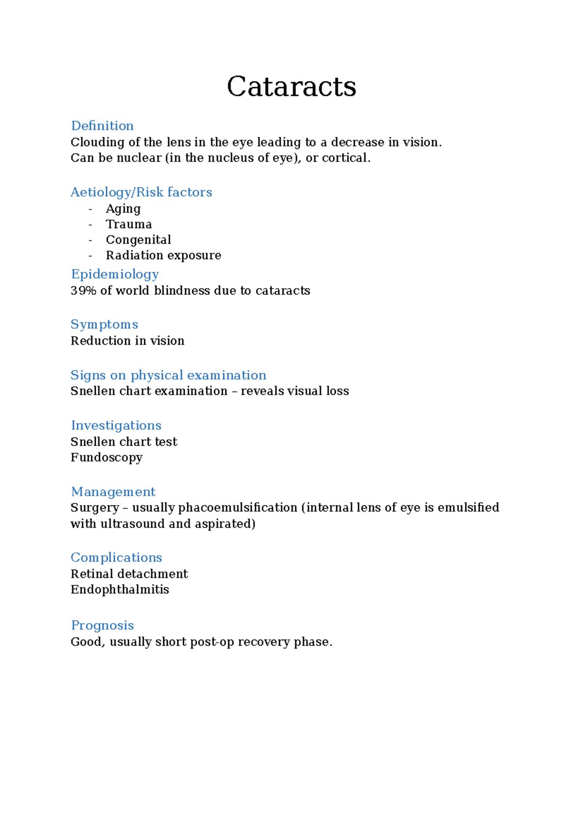 Opthalmology - Notes from Year 3 - Cataracts Definition Clouding of the ...