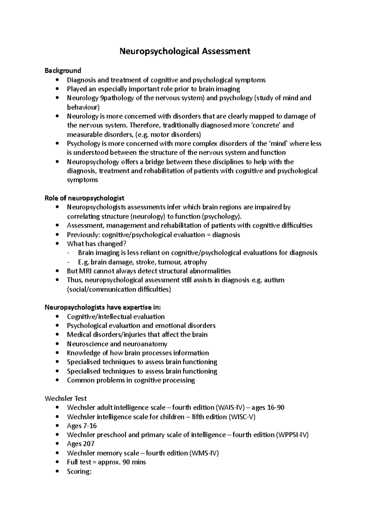 Week 8 - Neuropsychological Assessment - Neuropsychological Assessment ...