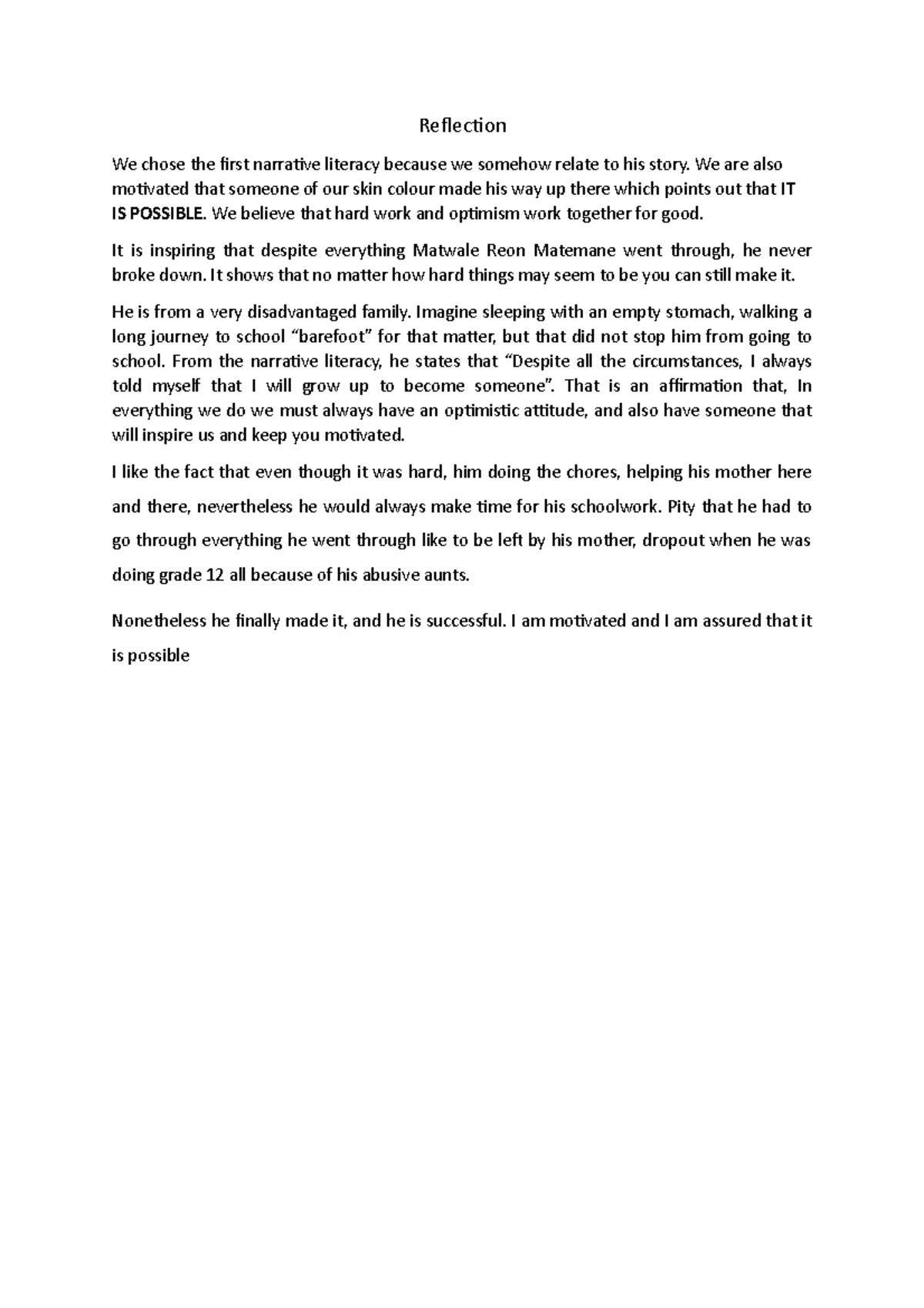 Reflection - notes - Reflection We chose the first narrative literacy ...