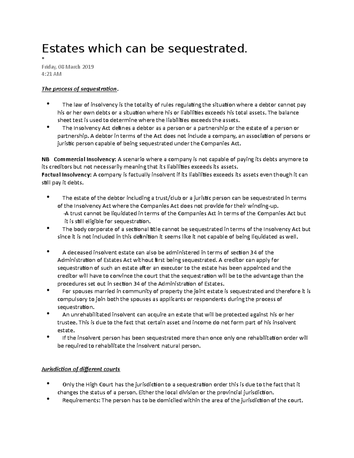 Estates which can be sequestrated - * Friday, 08 March 2019 4:21 AM The ...
