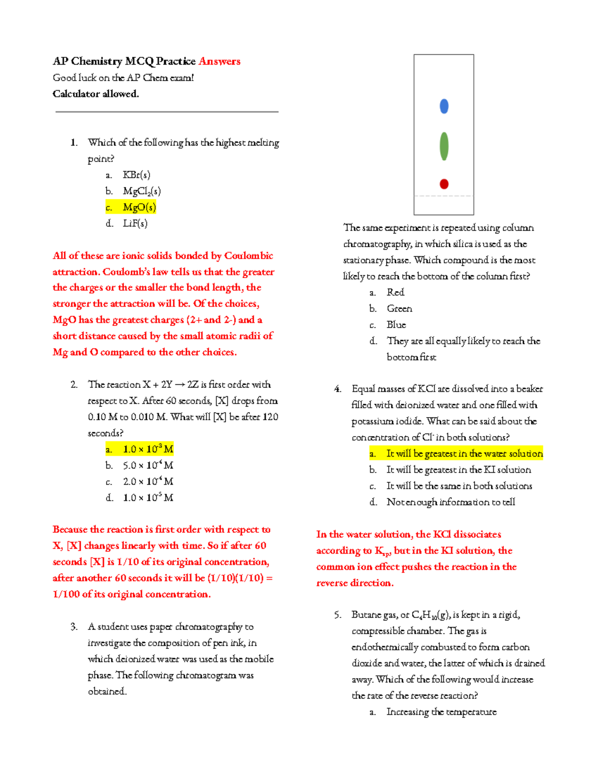 AP Chemistry Full Course MCQ Practice ANSWERS - AP Chemistry MCQ ...