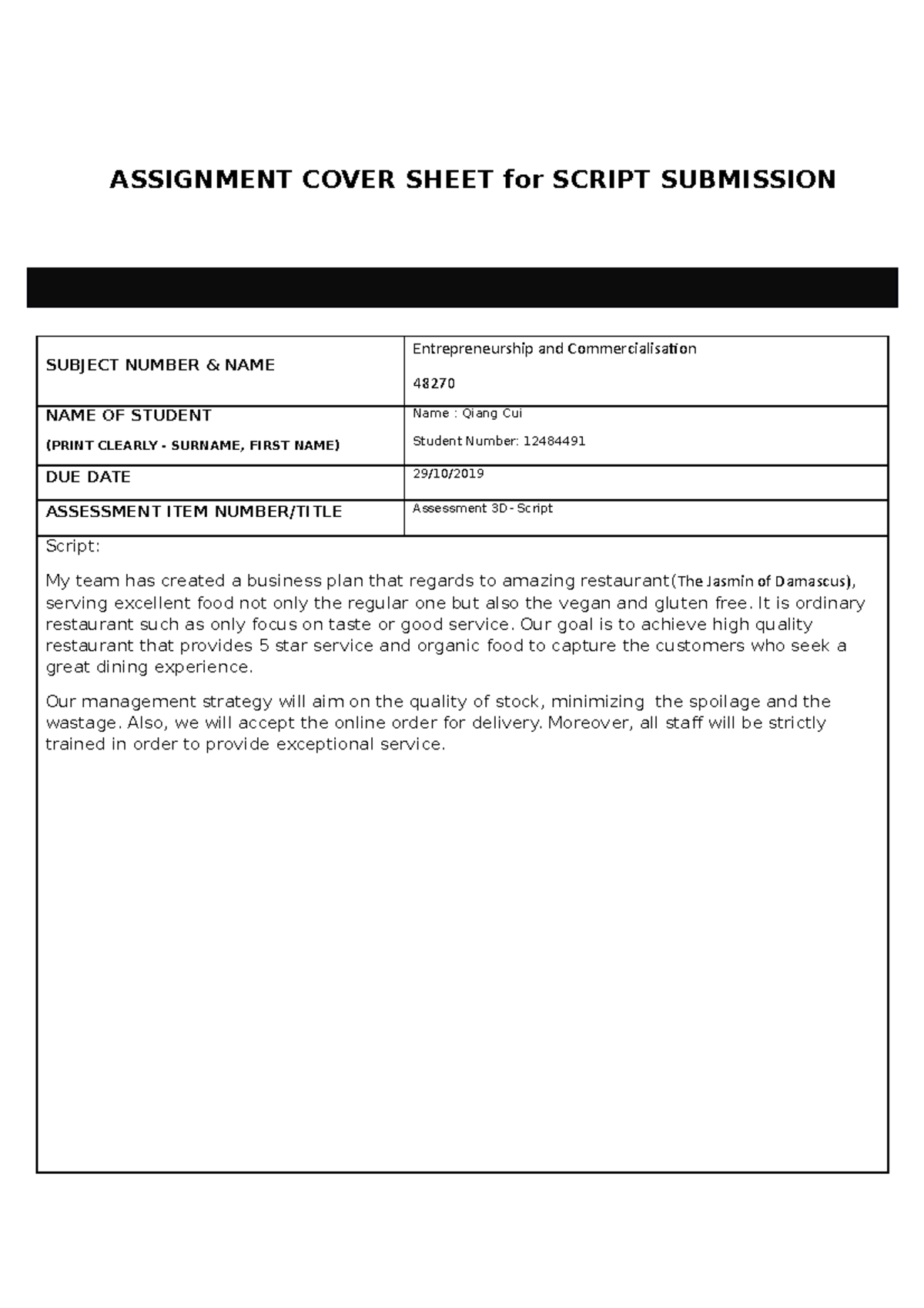 Assignment 3D Brief Student(2) - ASSIGNMENT COVER SHEET for SCRIPT ...