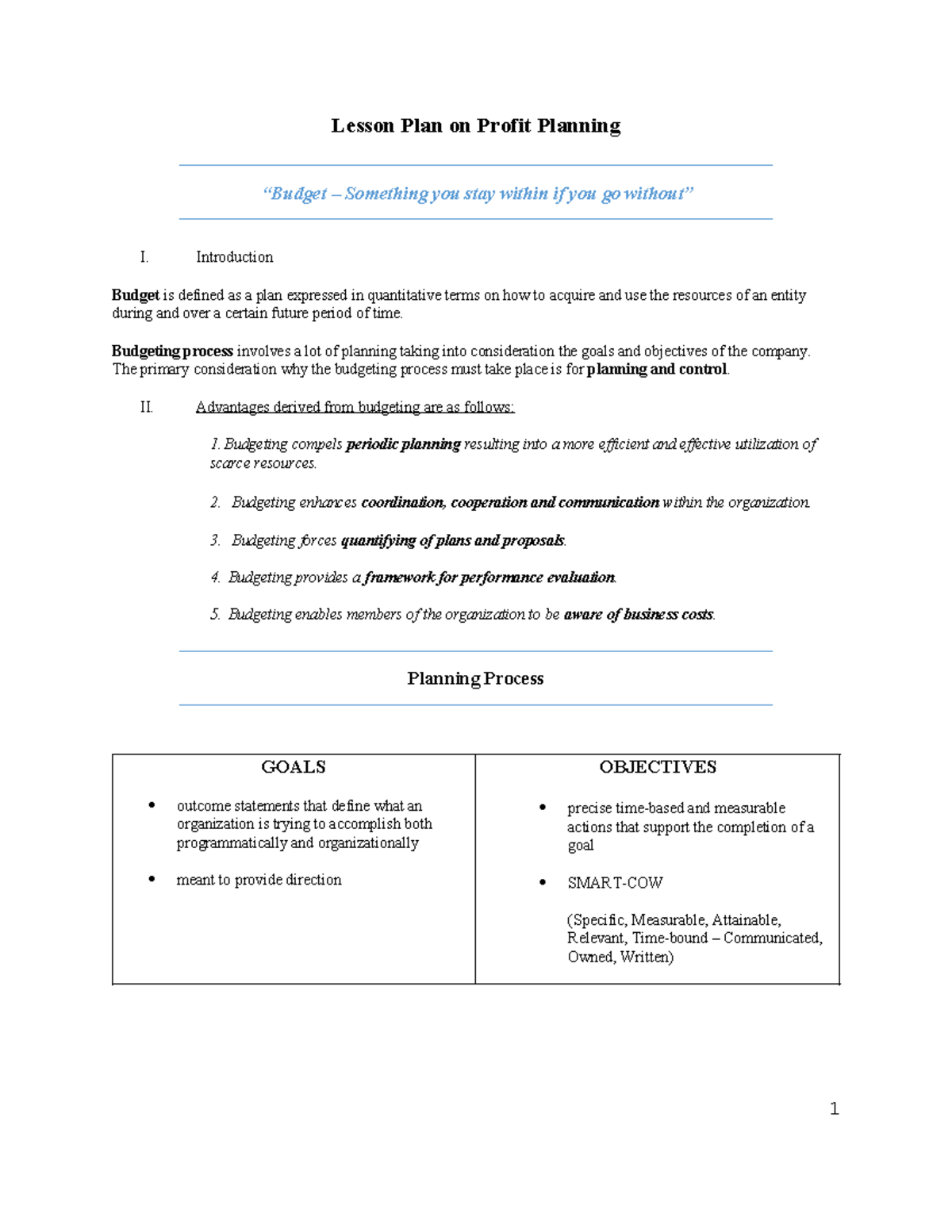 Budgeting notes - Lesson Plan on Profit Planning “Budget – Something ...