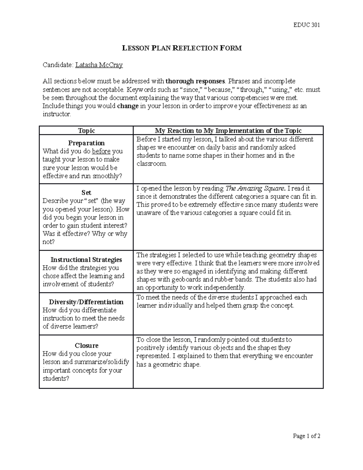 Lesson Plan Reflection Form - EDUC 301 LESSON PLAN REFLECTION FORM ...