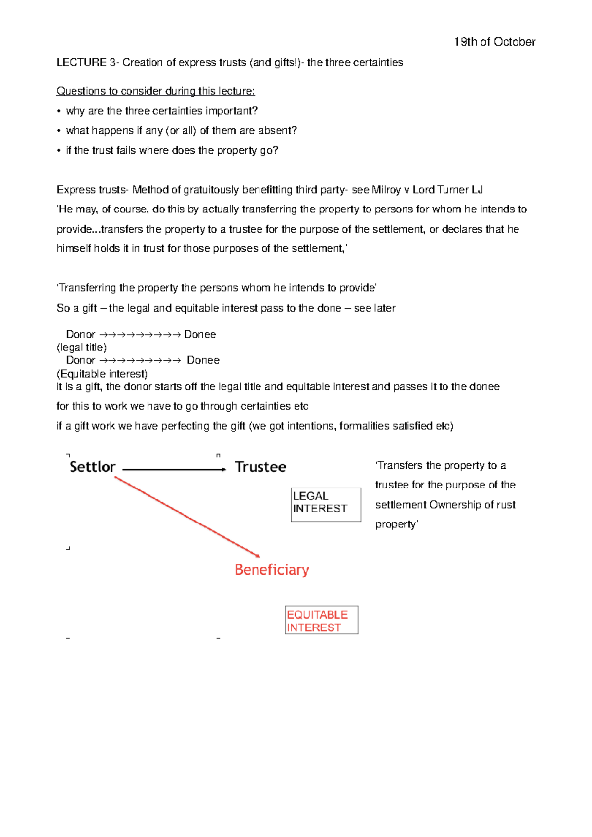 Lecture 3 - Creation of express trusts (and gifts!)- the three certainties - LECTURE 3- Creation ...