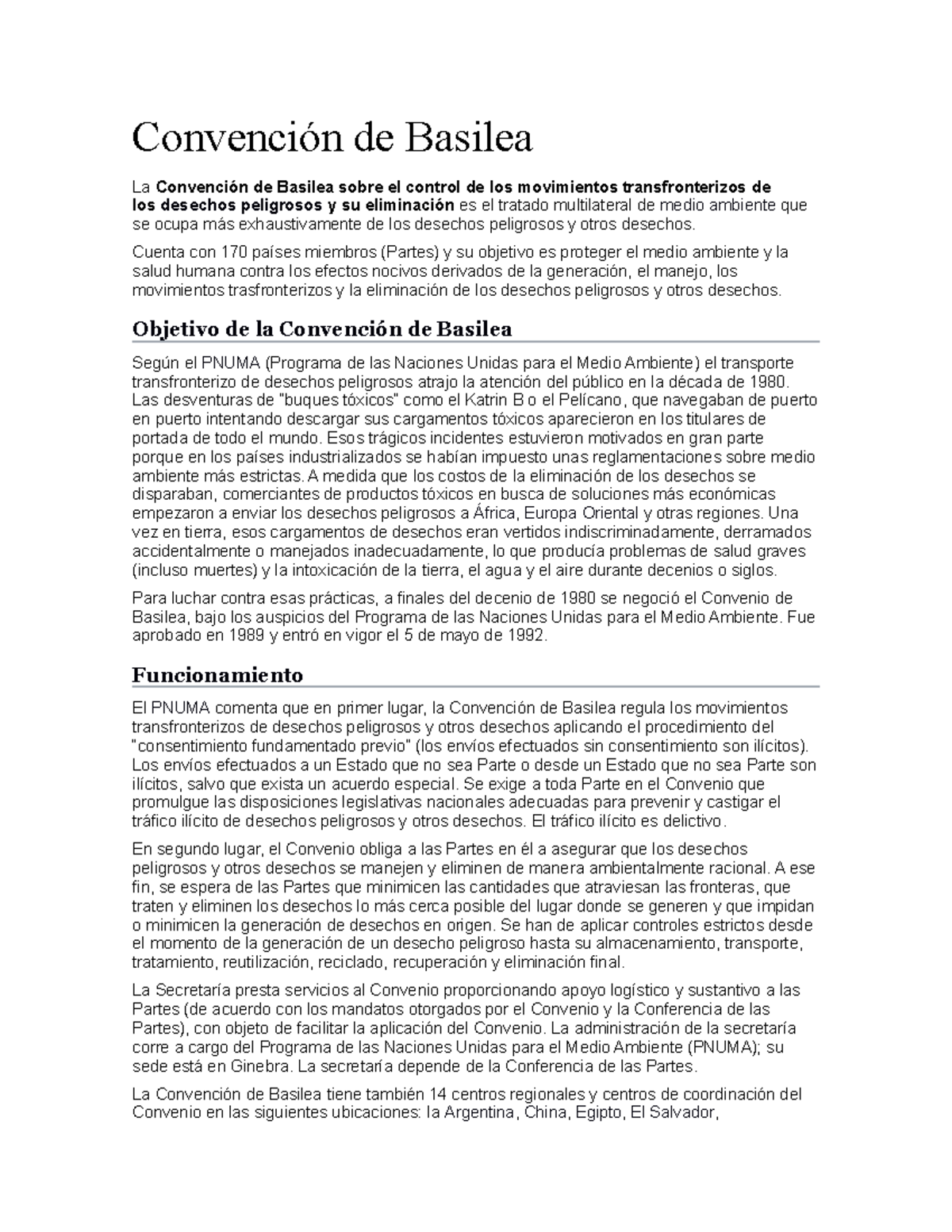 Convención de Basilea - Convención de Basilea La Convención de Basilea ...