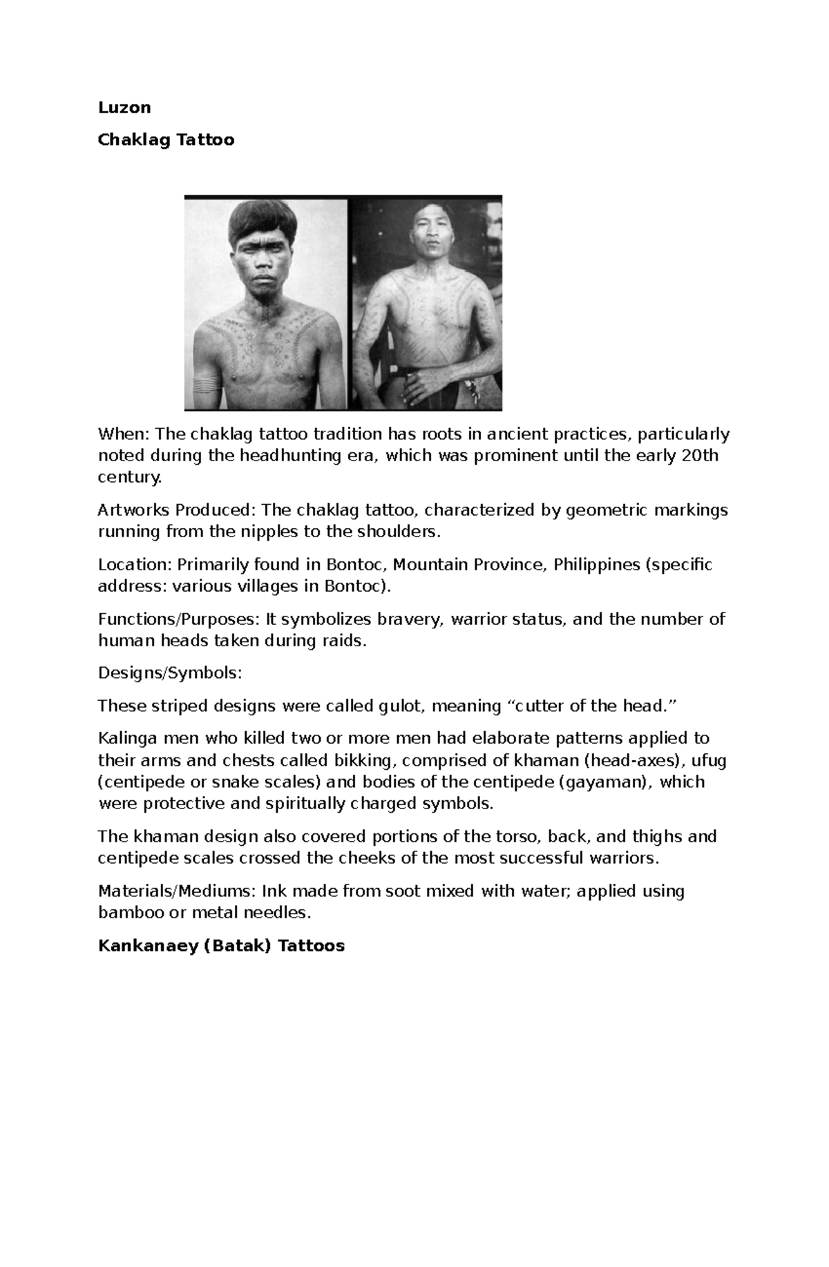 Luzon - pre colonial art - Luzon Chaklag Tattoo When: The chaklag ...