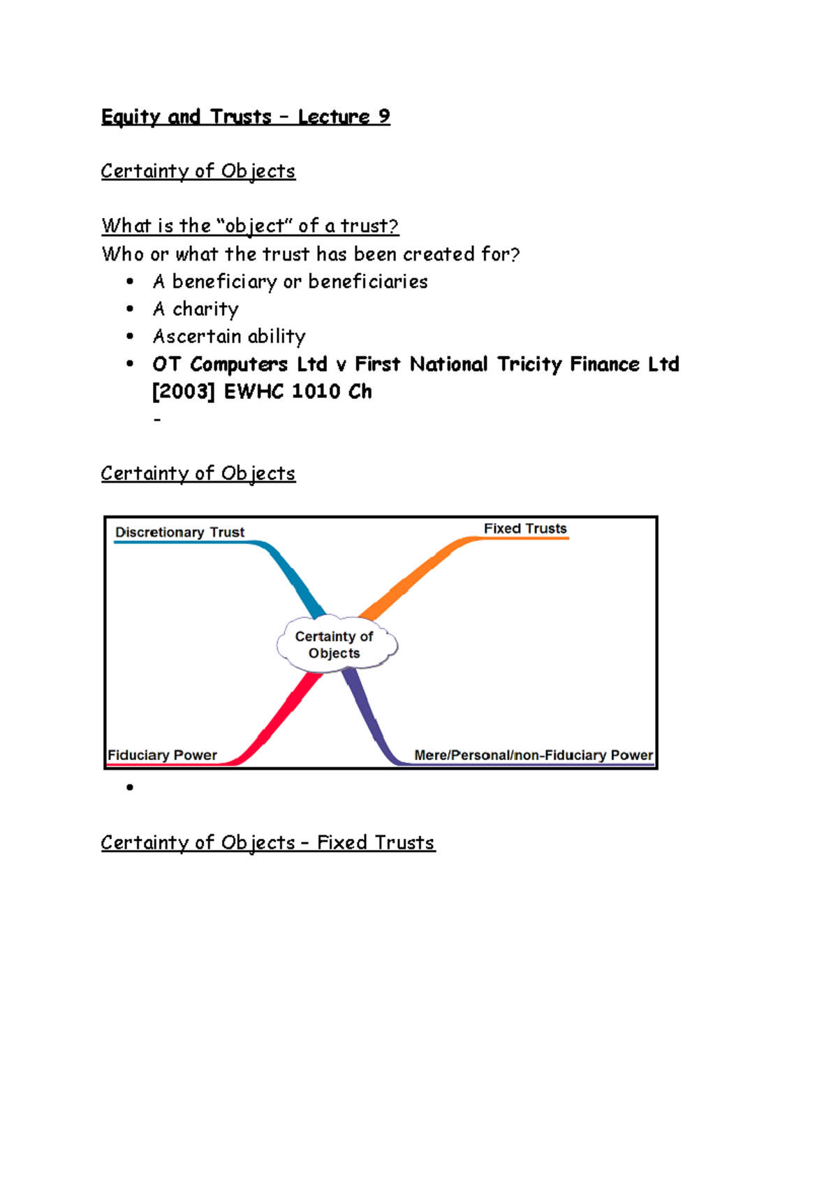 Week 9 Lecture - Equity and Trusts – Lecture 9 Certainty of Objects What is the “object” of a ...