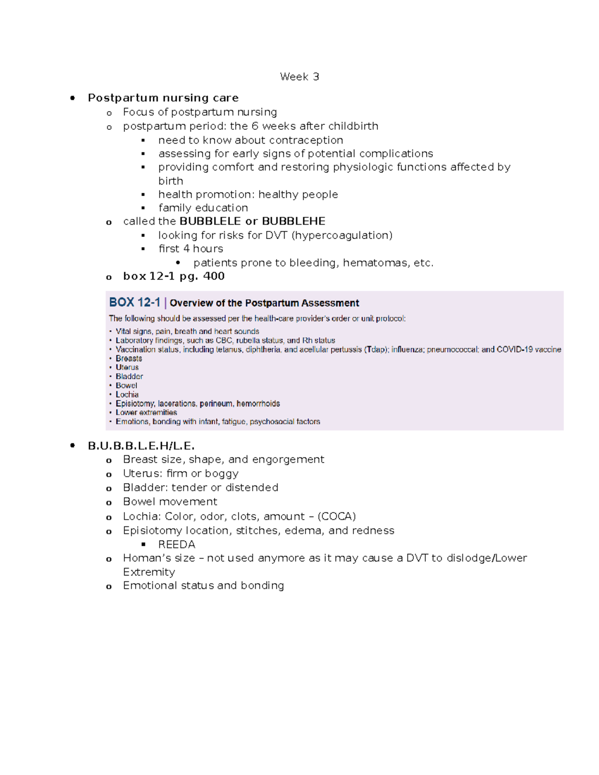 Week 3 - OB - Week 3 Notes - Chapters 12, 13 and 16 - Week 3 Postpartum ...