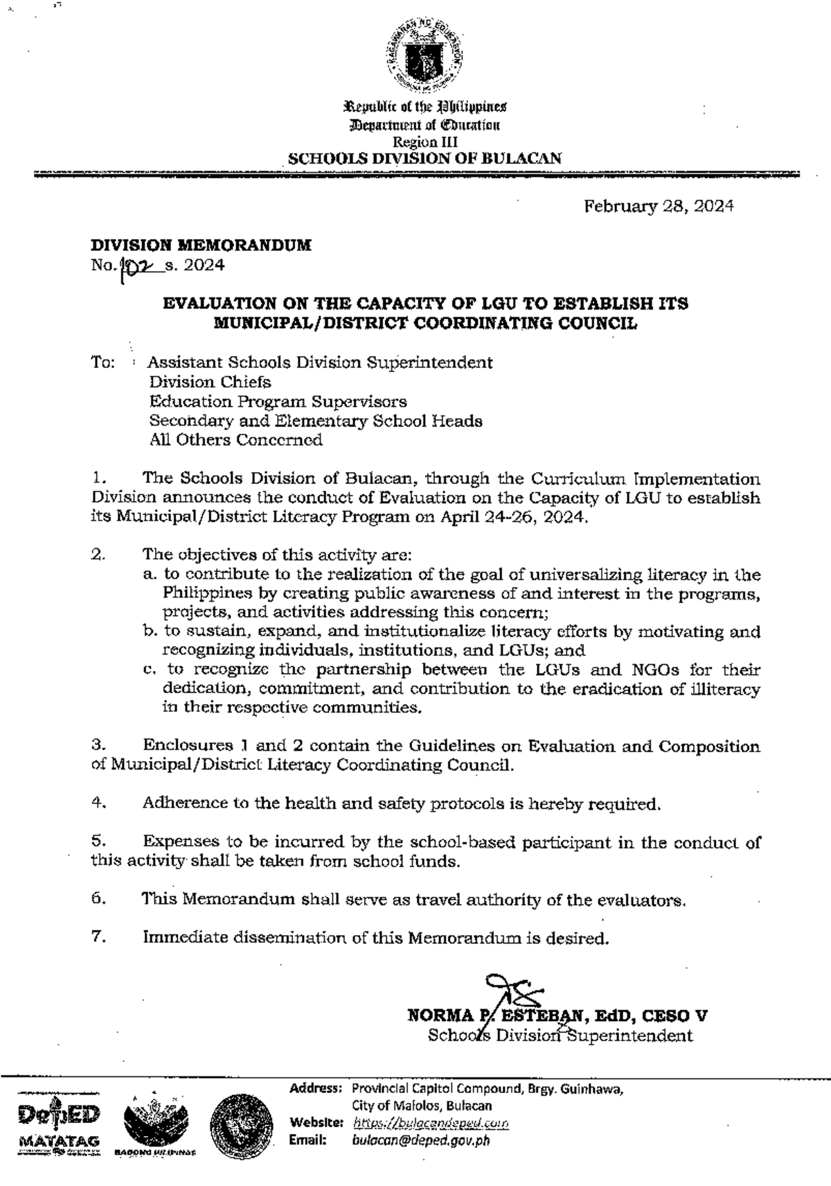 Division- Memorandum-NO-102-S-2024 - Edukasyon sa Pagpapakatao - Studocu