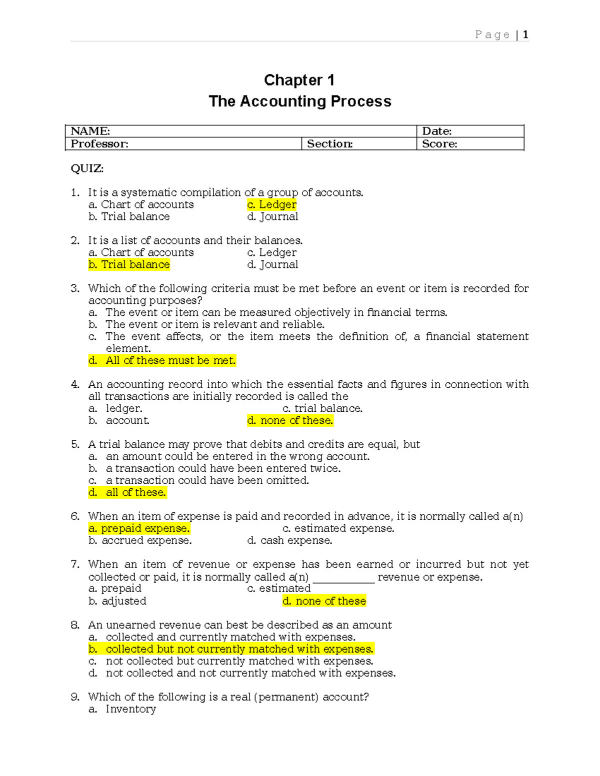 THE Accounting Process - Chapter 1 The Accounting Process NAME: Date ...