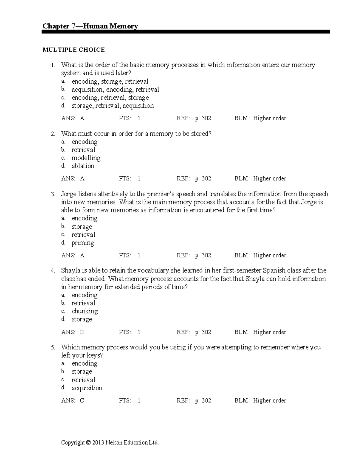 Chapter 7—Human Memory Testbank Questions - Chapter 7—Human Memory ...