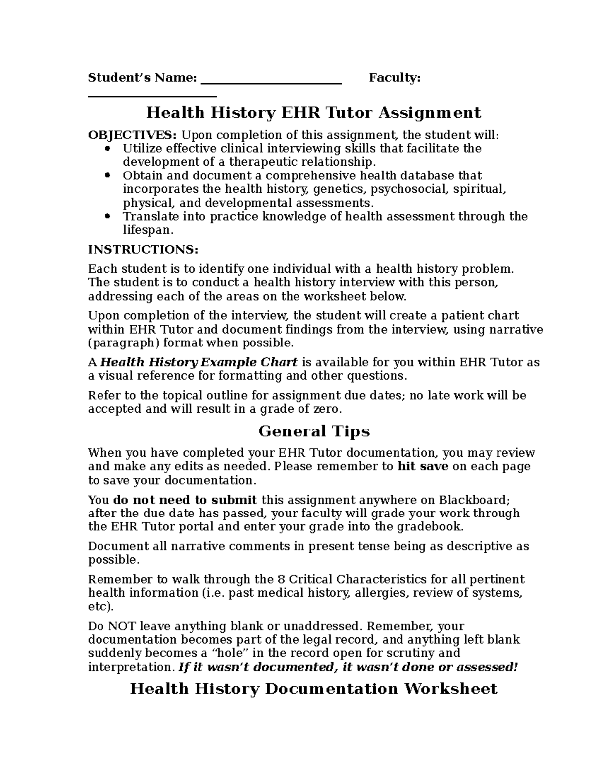 Health History EHR Tutor Assignment 2021 - Student’s Name ...