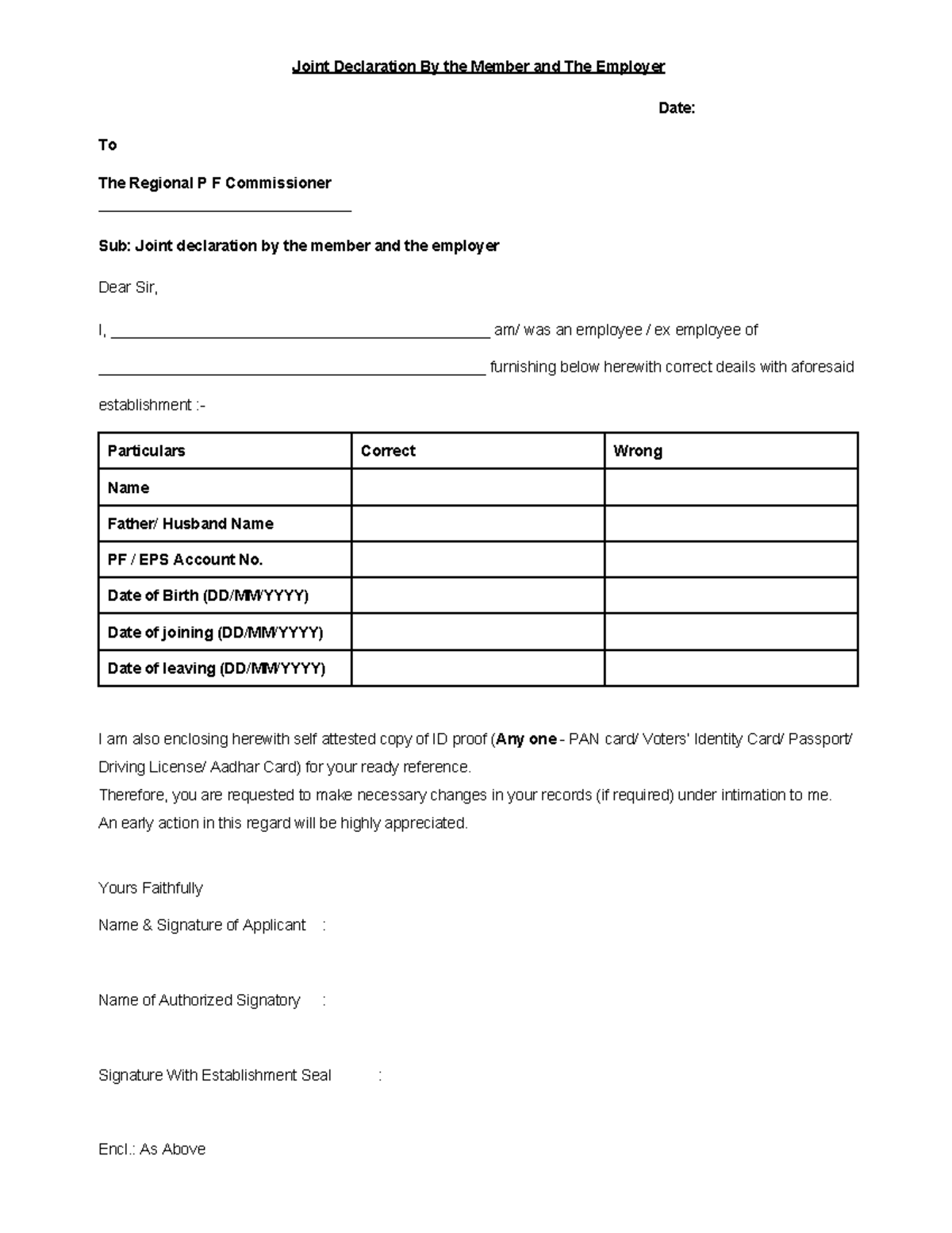 Joint Dec. form - Joint Declaration By the Member and The Employer Date ...