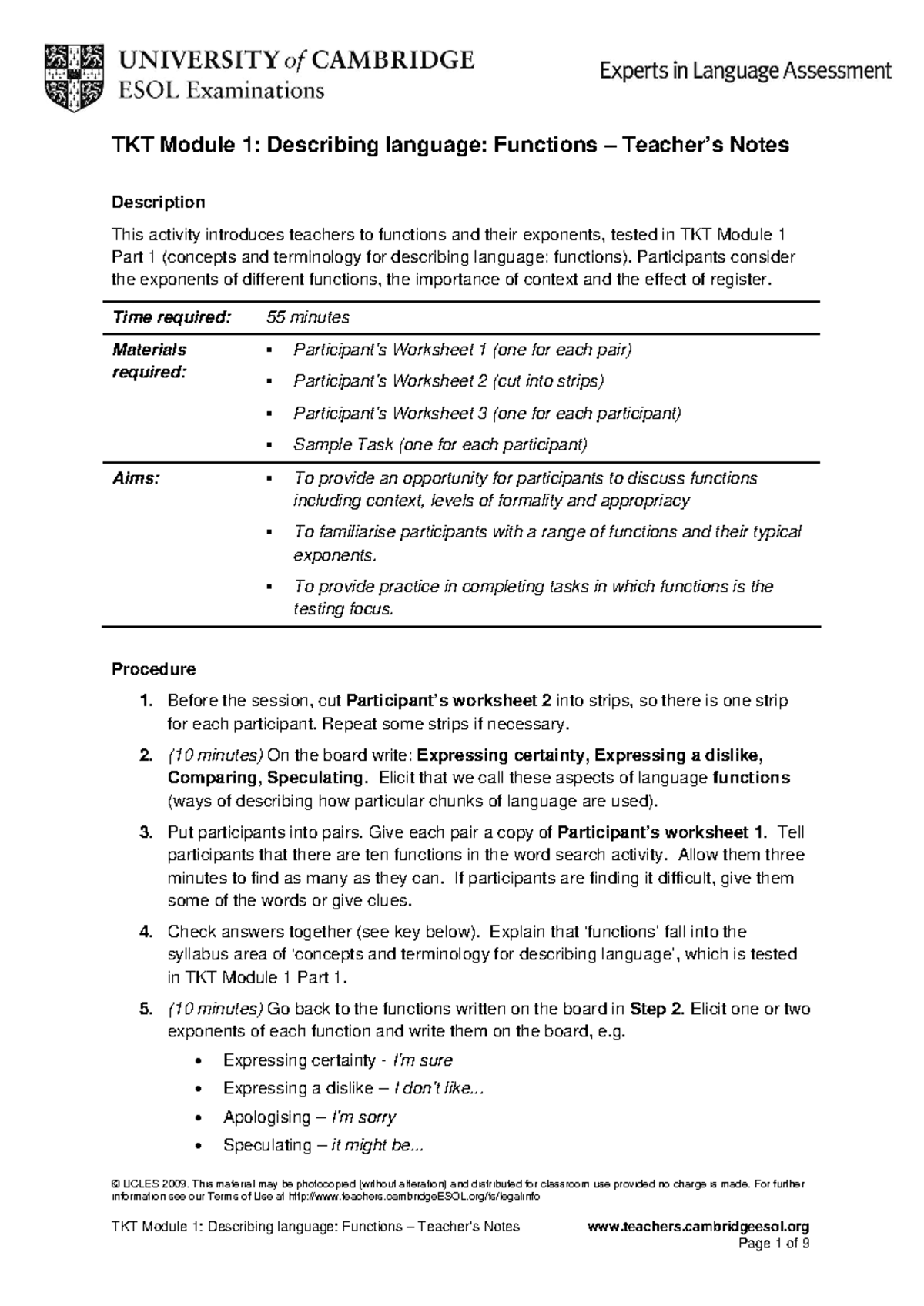 TKT Module 1 Describing language Functions - Participants consider the ...