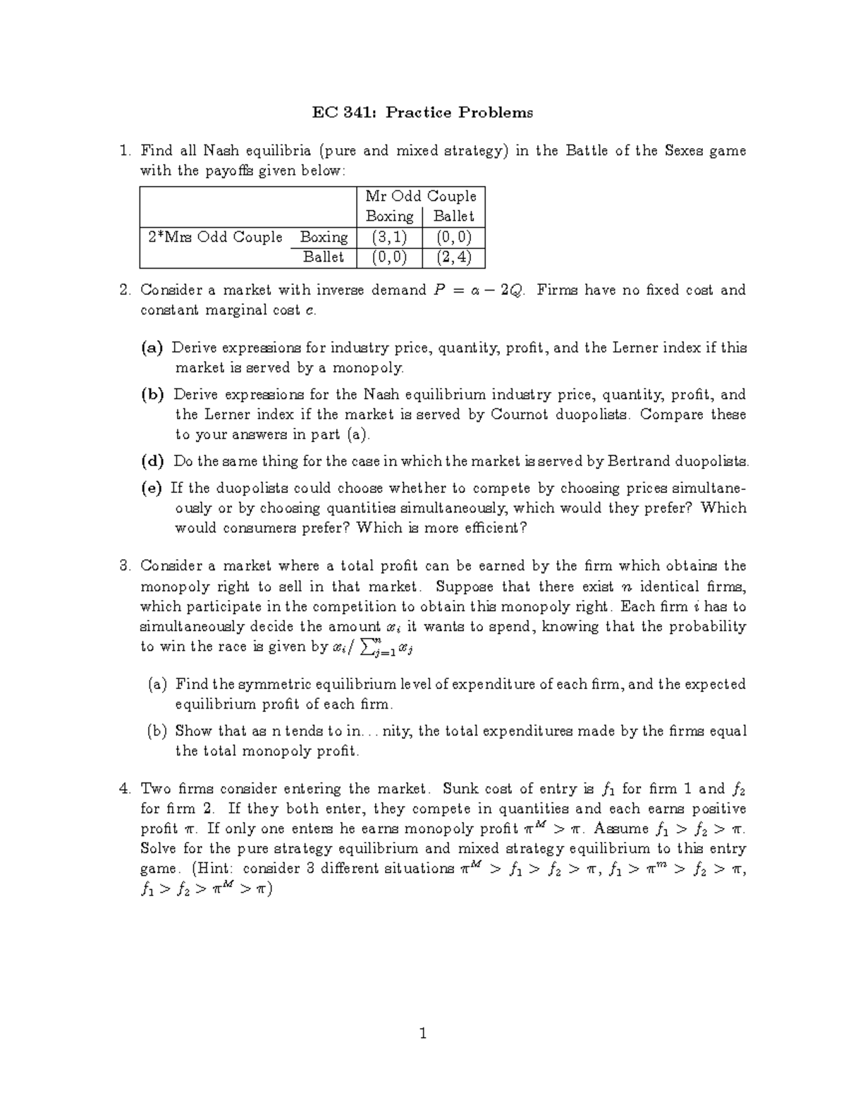 Ps2 Problem Set 2 Ec 341 Practice Problems Find All Nash Equilibria Pure And Mixed