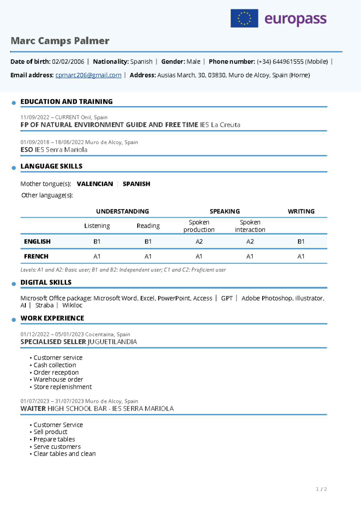 English CV europass - Marc Camps Palmer Date of birth: 02/02/2006 ...