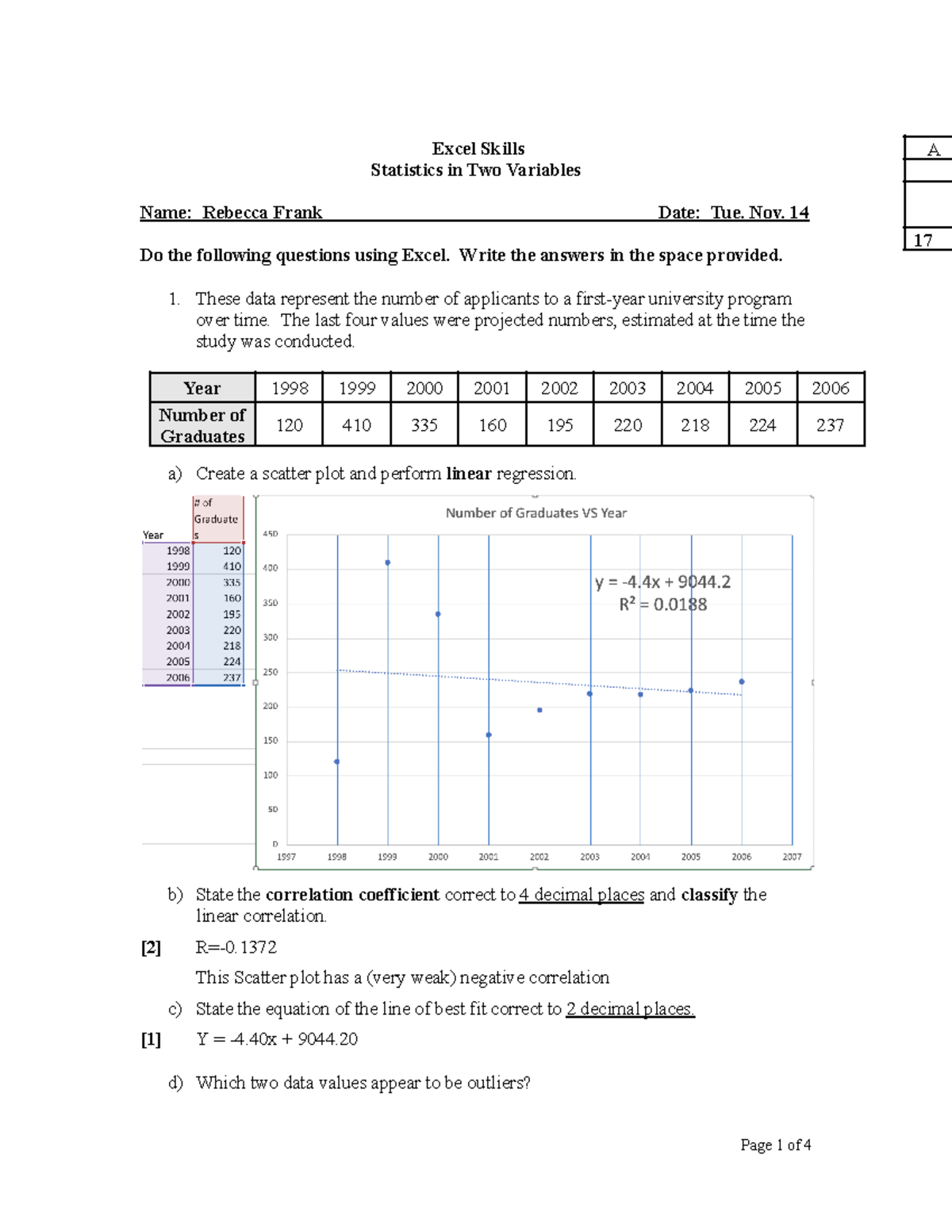 Two Variable Statistics Assignment (Excel) - Excel Skills Statistics in Two Variables Name ...