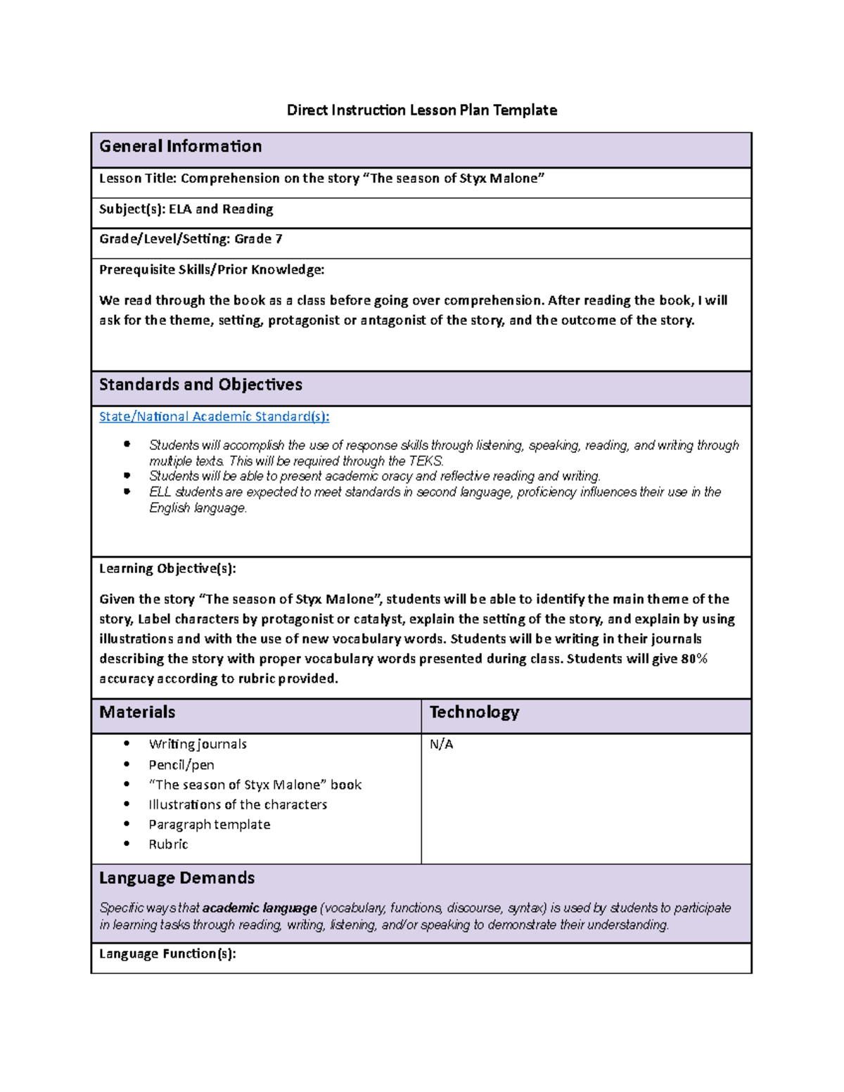 Direct Instruction Lesson Plan Template - After reading the book, I ...