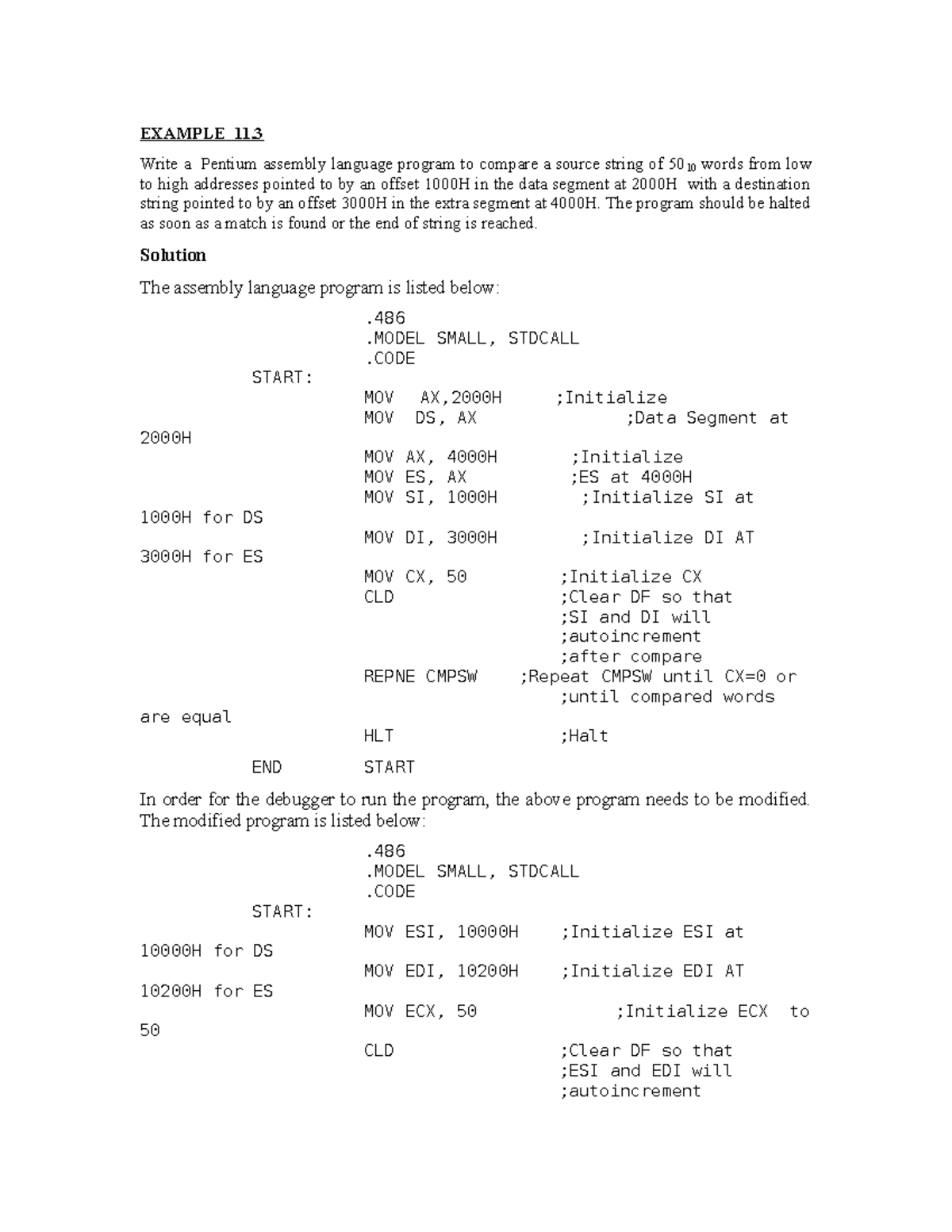 Ex11.3 - Solution - EXAMPLE 11. Write a Pentium assembly language program to compare a source ...
