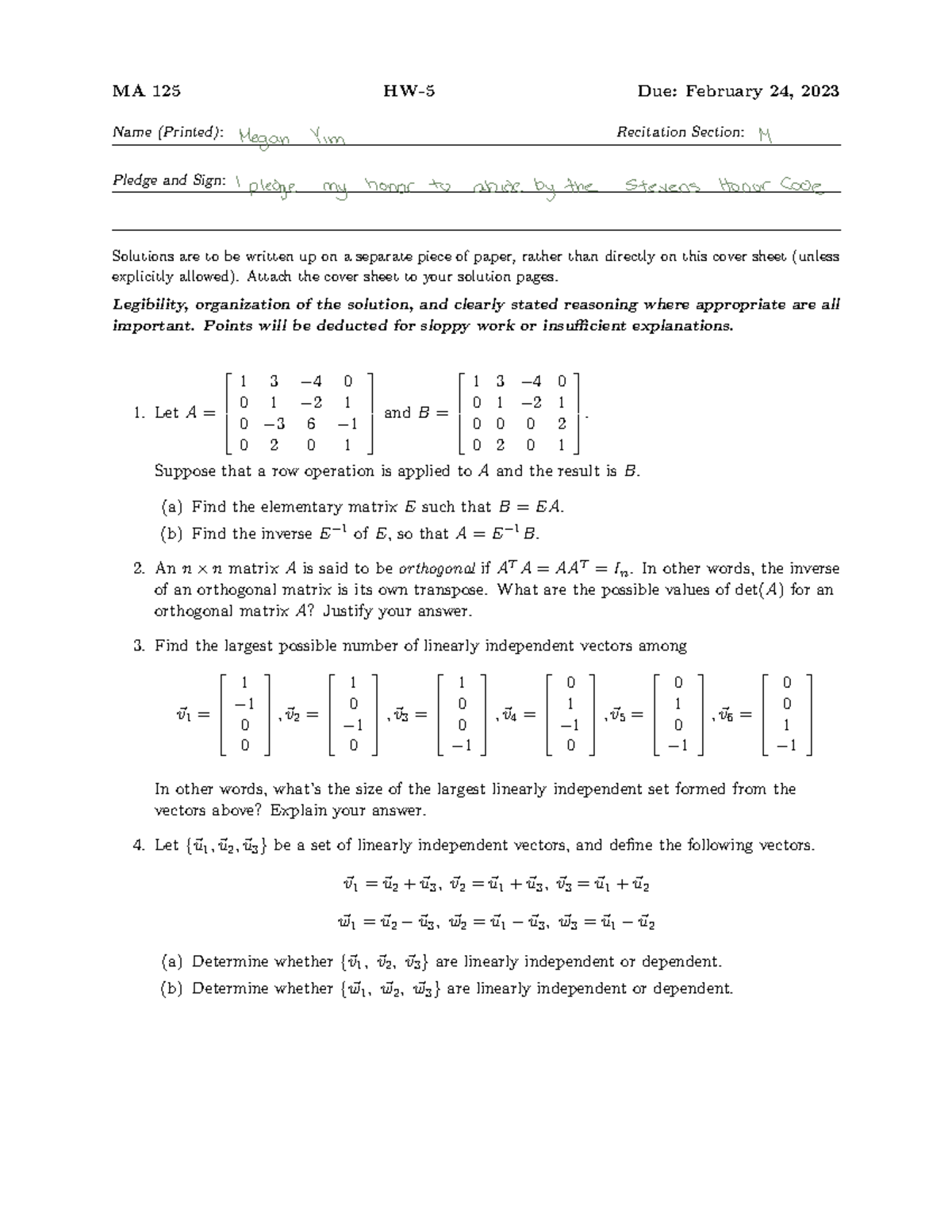 Ma125 23S1 HW5 - Professor: Denis Serbin - MA 125 HW-5 Due: February 24 ...