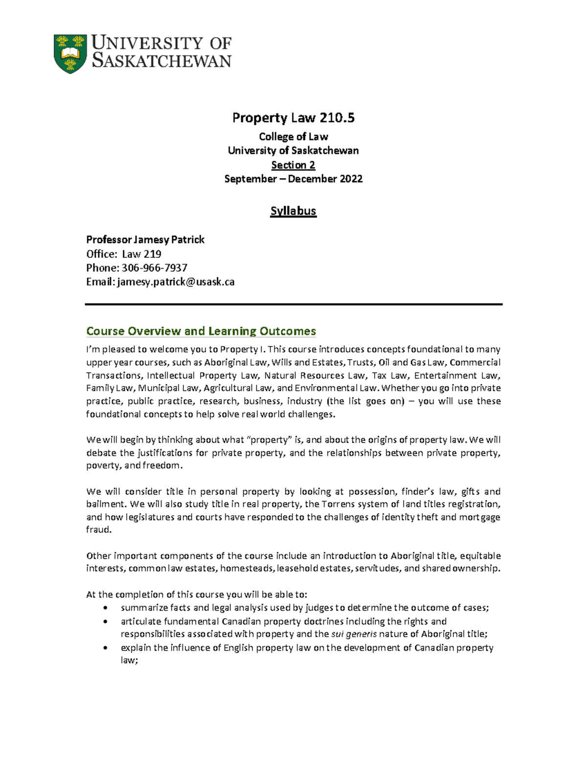 Syllabus Property 2022 Section 2 - Property Law 210. College of Law ...