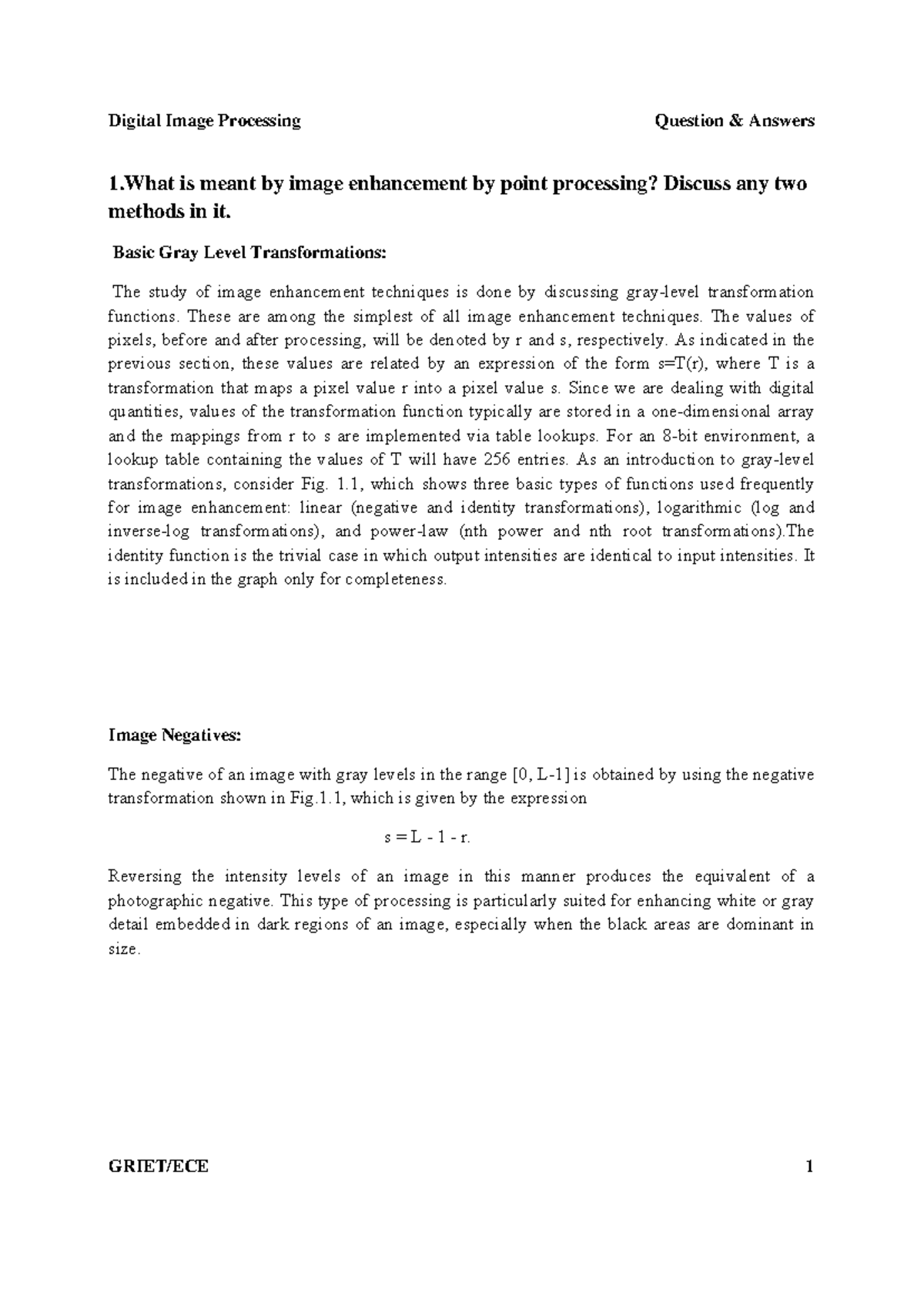 DIP Unit I 2 part 1 - Sss - 1 is meant by image enhancement by point processing? Discuss any two ...